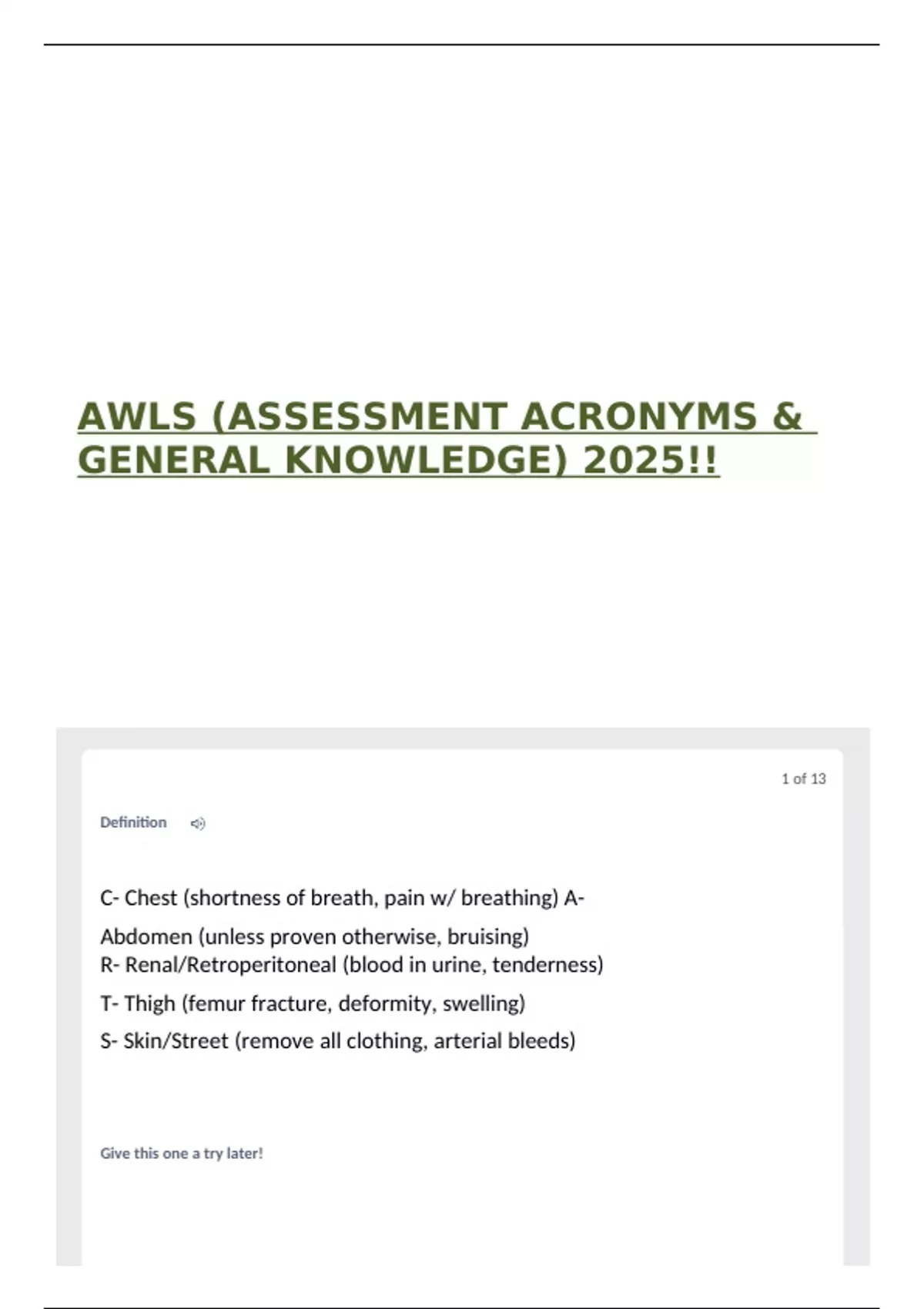 AWLS (ASSESSMENT ACRONYMS & GENERAL KNOWLEDGE) 2025!! - Awls - Stuvia US