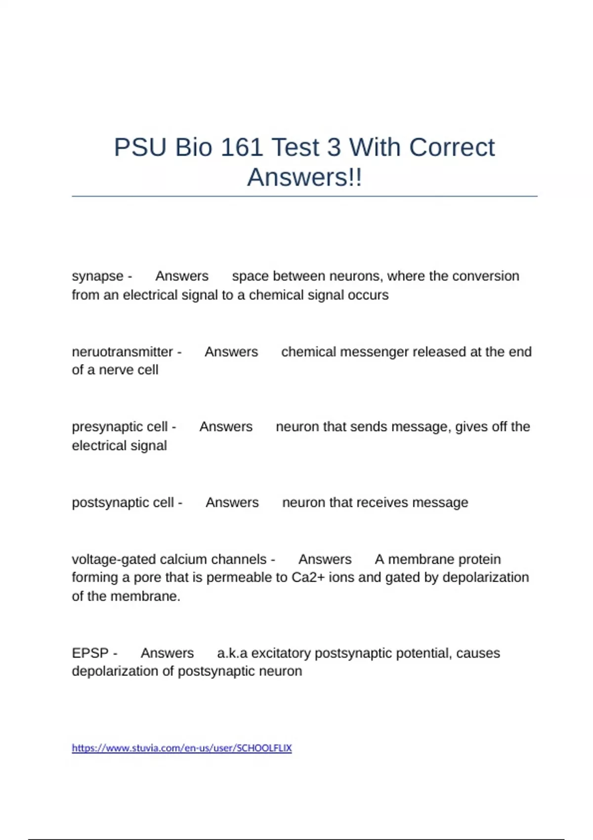 PSU Bio 161 Test 3 With Correct Answers!! - BIO 161 - Stuvia US