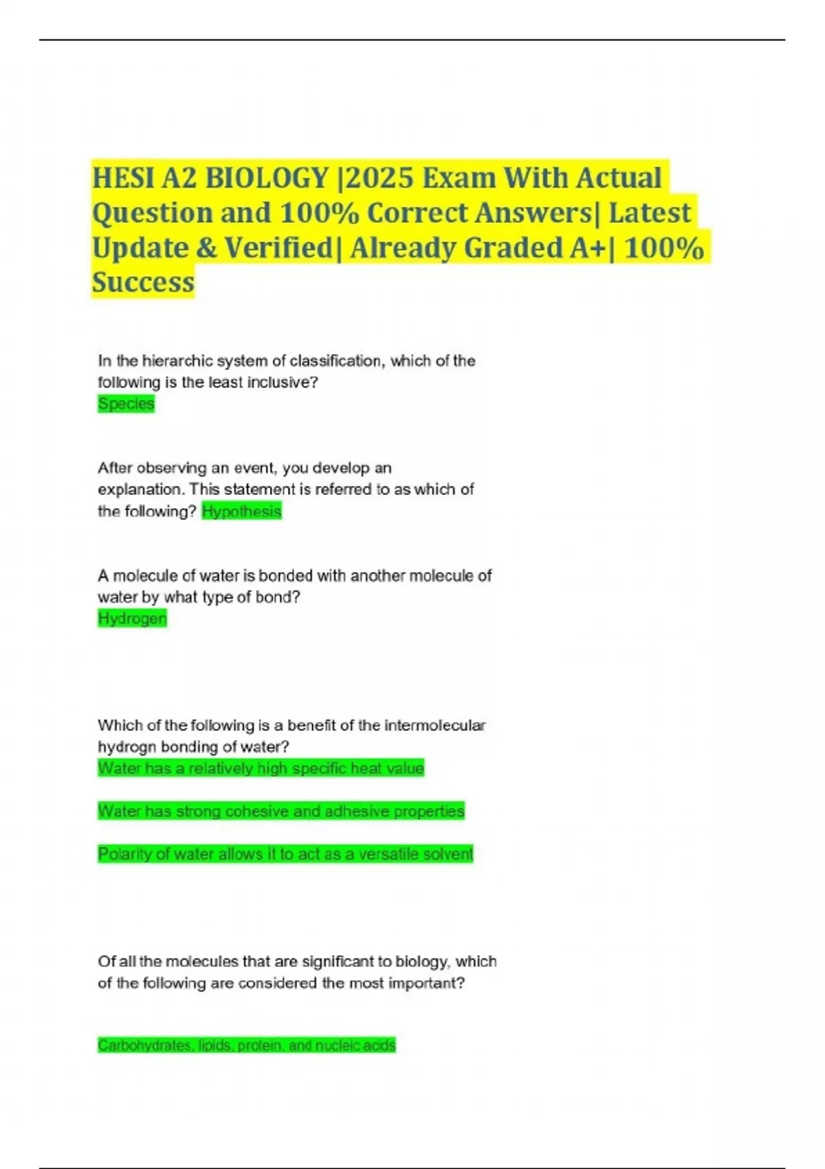 HESI A2 BIOLOGY |2025 Exam With Actual Question and 100% Correct ...
