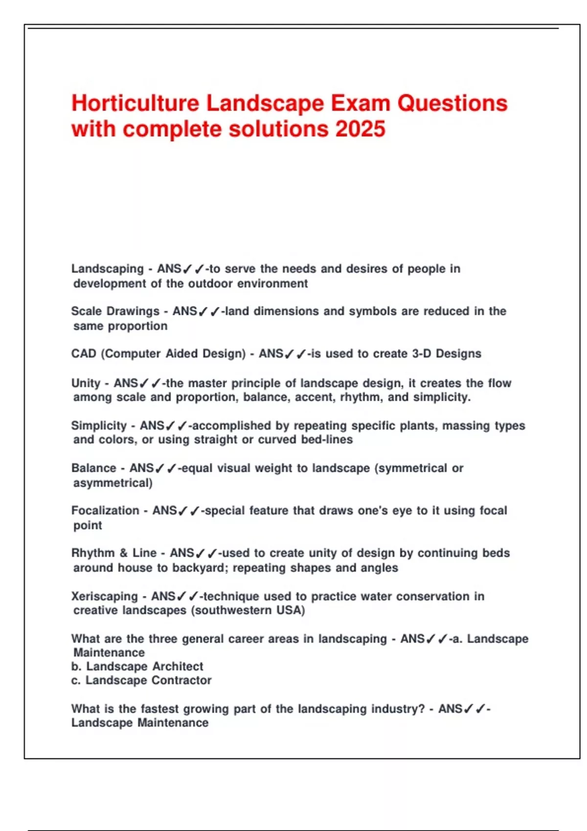 Horticulture Landscape Exam Questions with complete solutions 2025 ...