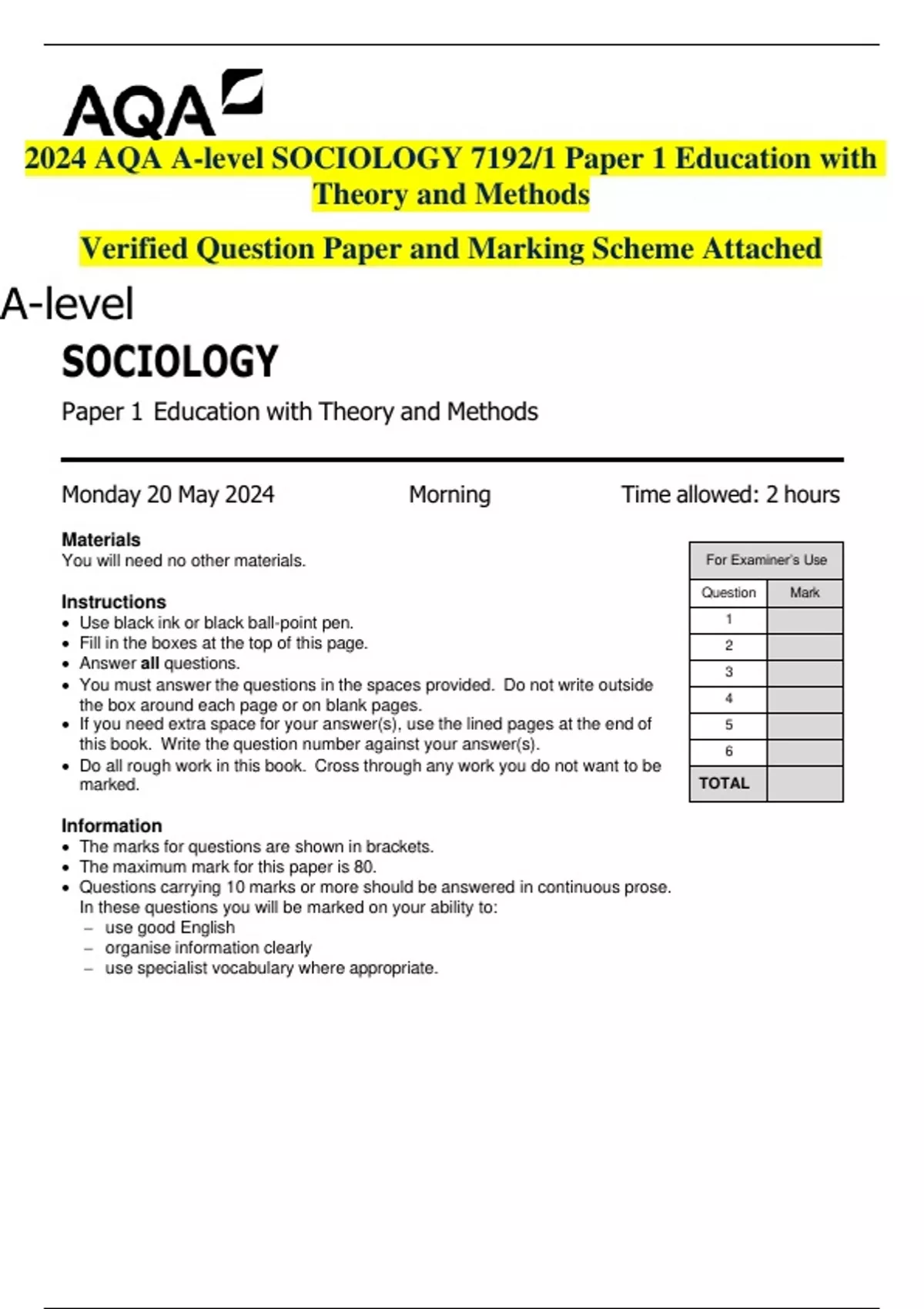 2024 AQA A-level SOCIOLOGY 7192/1 Paper 1 Education with Theory and ...