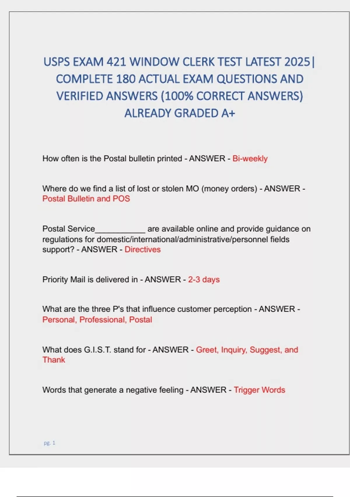 USPS EXAM 421 WINDOW CLERK TEST LATEST 2025| COMPLETE 180 ACTUAL EXAM ...