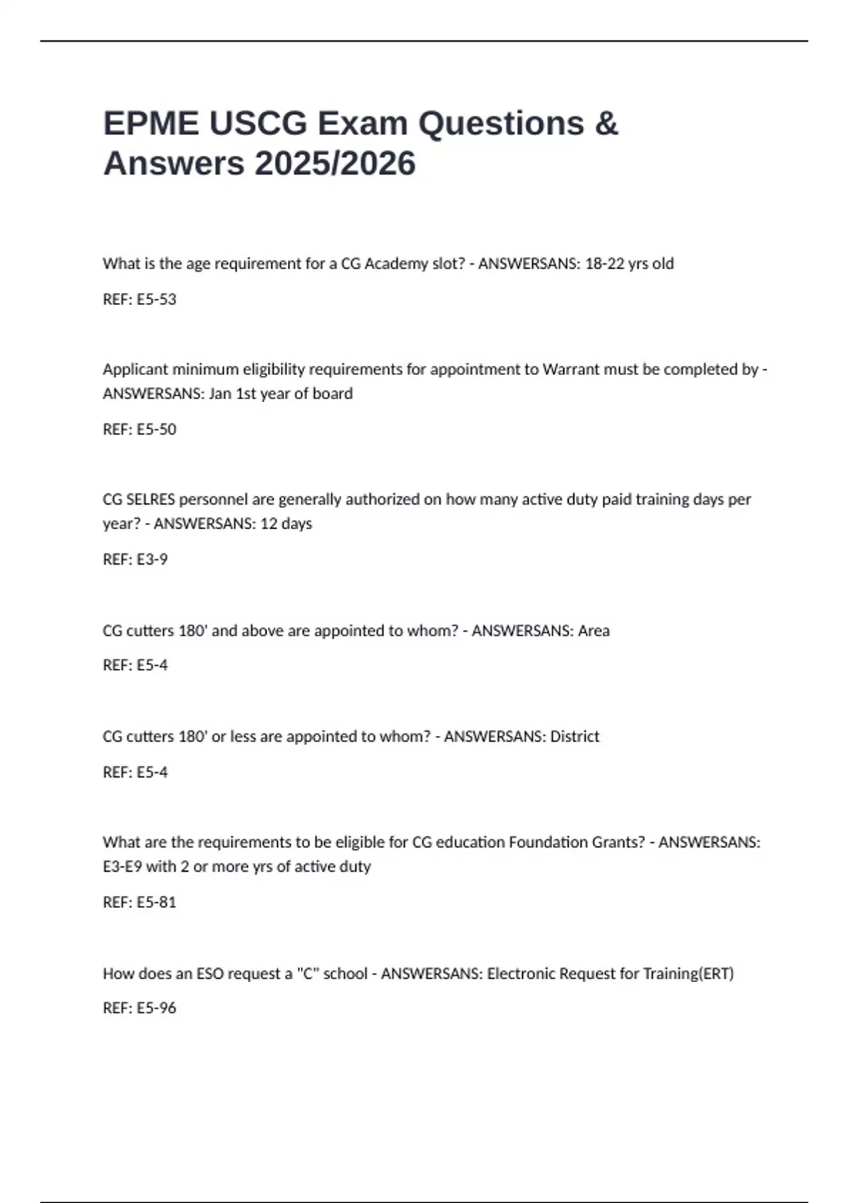 EPME USCG Exam Questions & Answers 2025/2026 - EPME USCG - Stuvia US