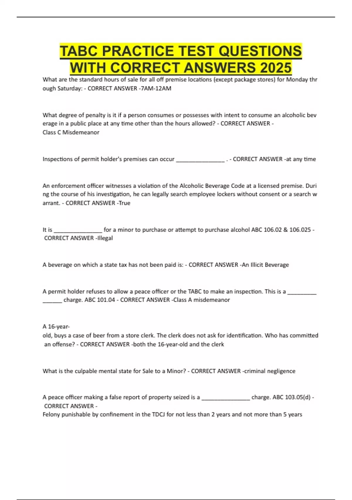 TABC PRACTICE TEST QUESTIONS WITH CORRECT ANSWERS 2025 - Tabc - Stuvia US