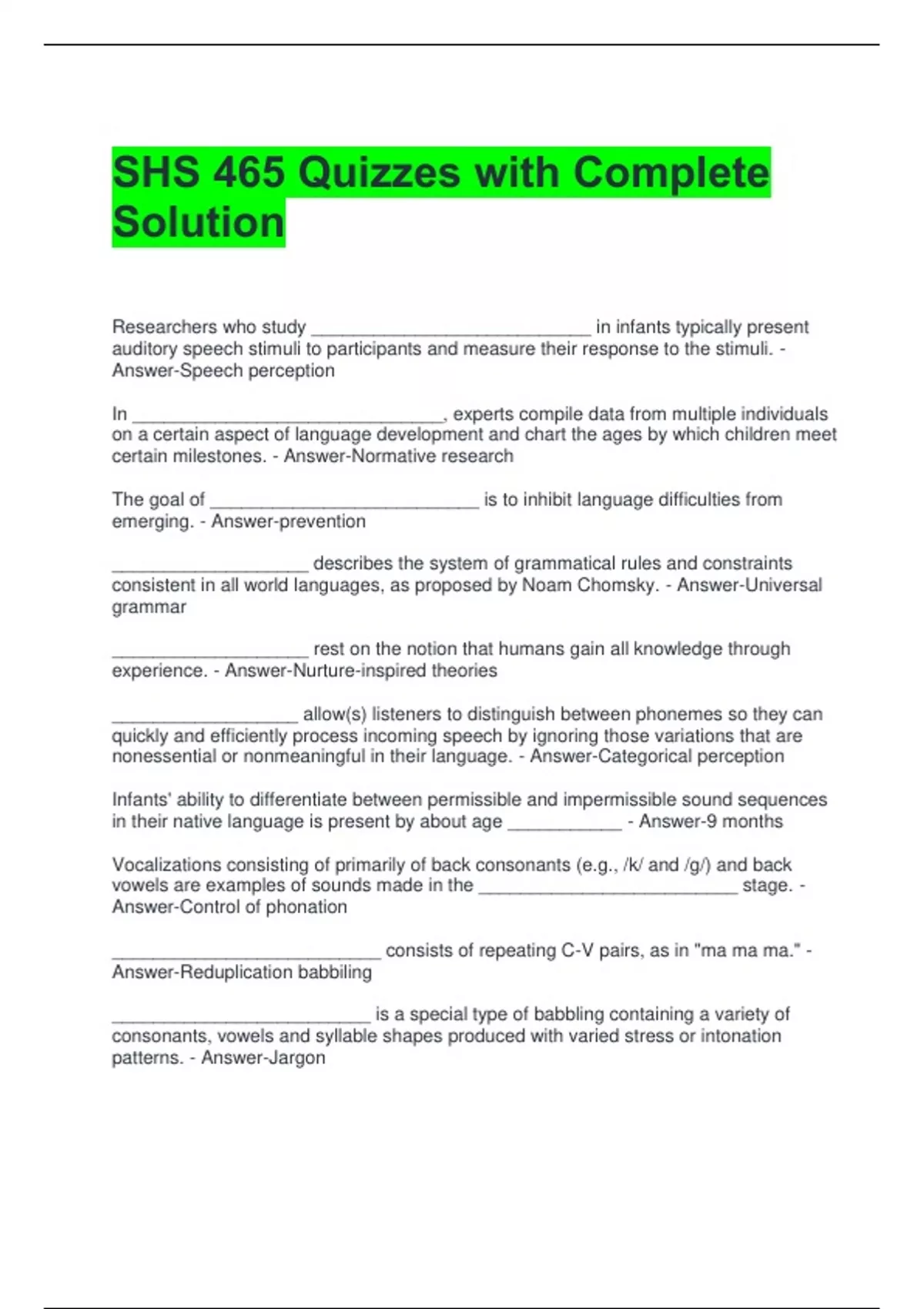 SHS 465 Quizzes with Complete Solution - SHS 465 - Stuvia US