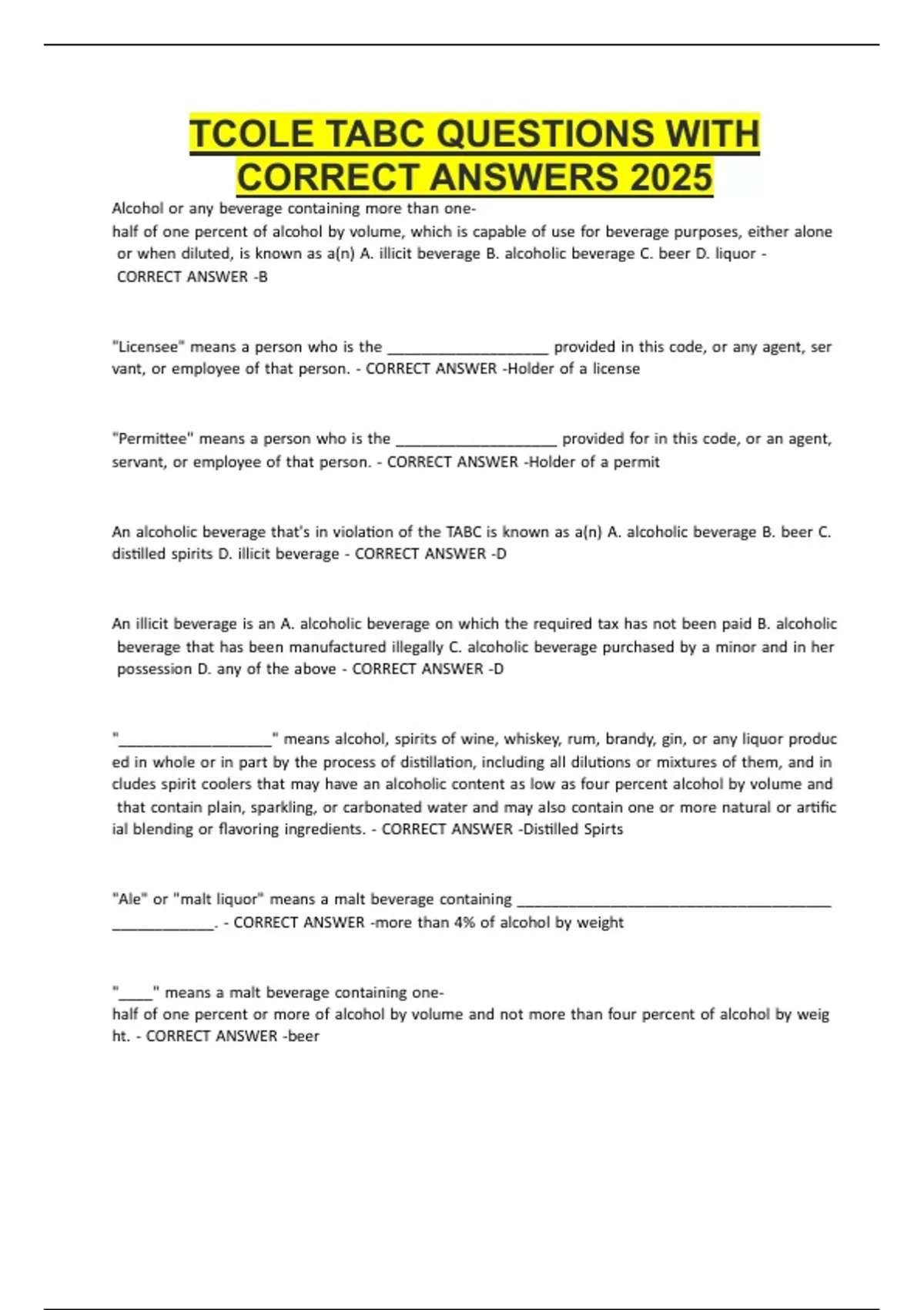 TCOLE TABC QUESTIONS WITH CORRECT ANSWERS 2025 - Tabc - Stuvia US