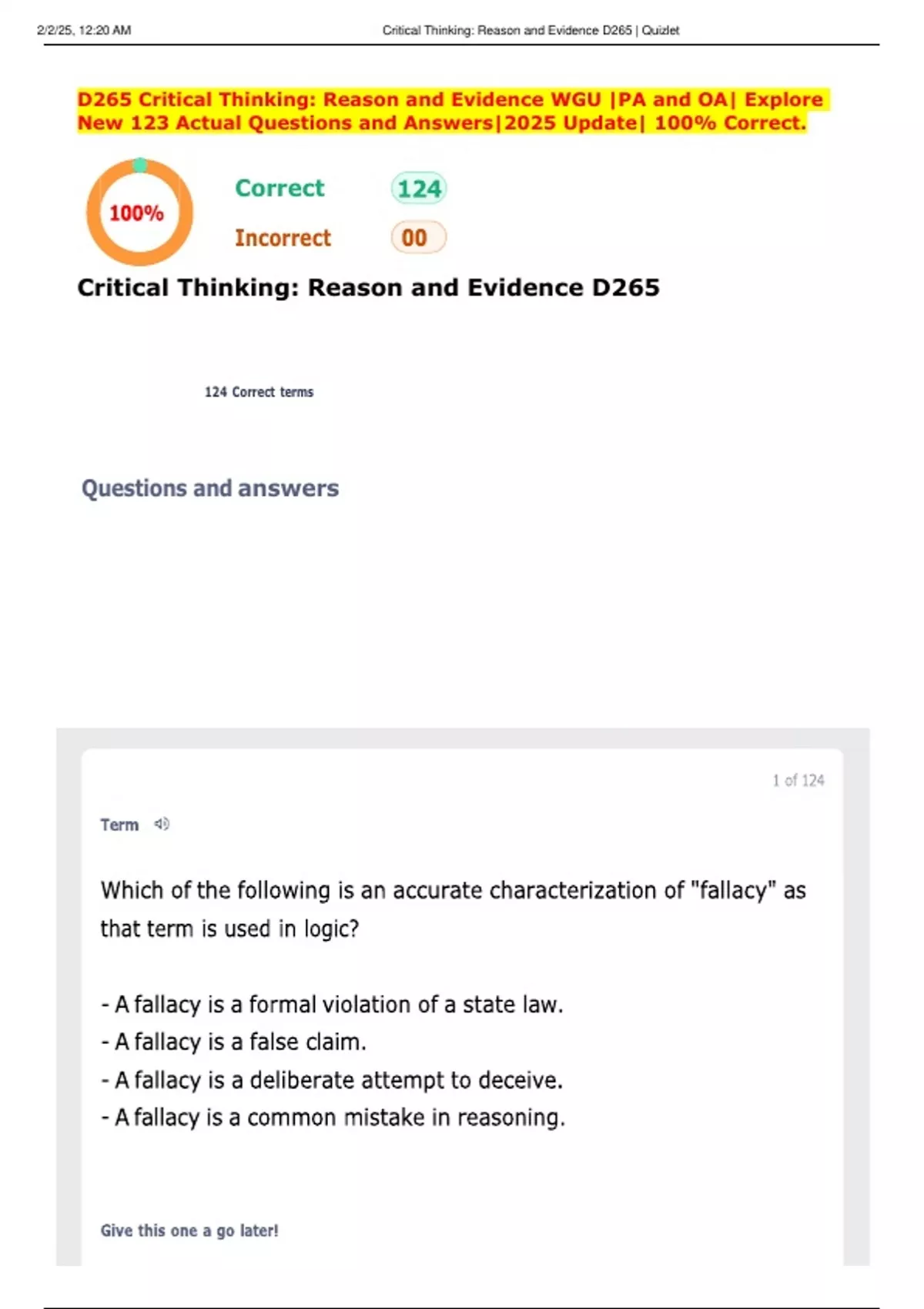 D265 Critical Thinking: Reason and Evidence WGU |PA and OA| Explore New 123 Actual Questions and ...