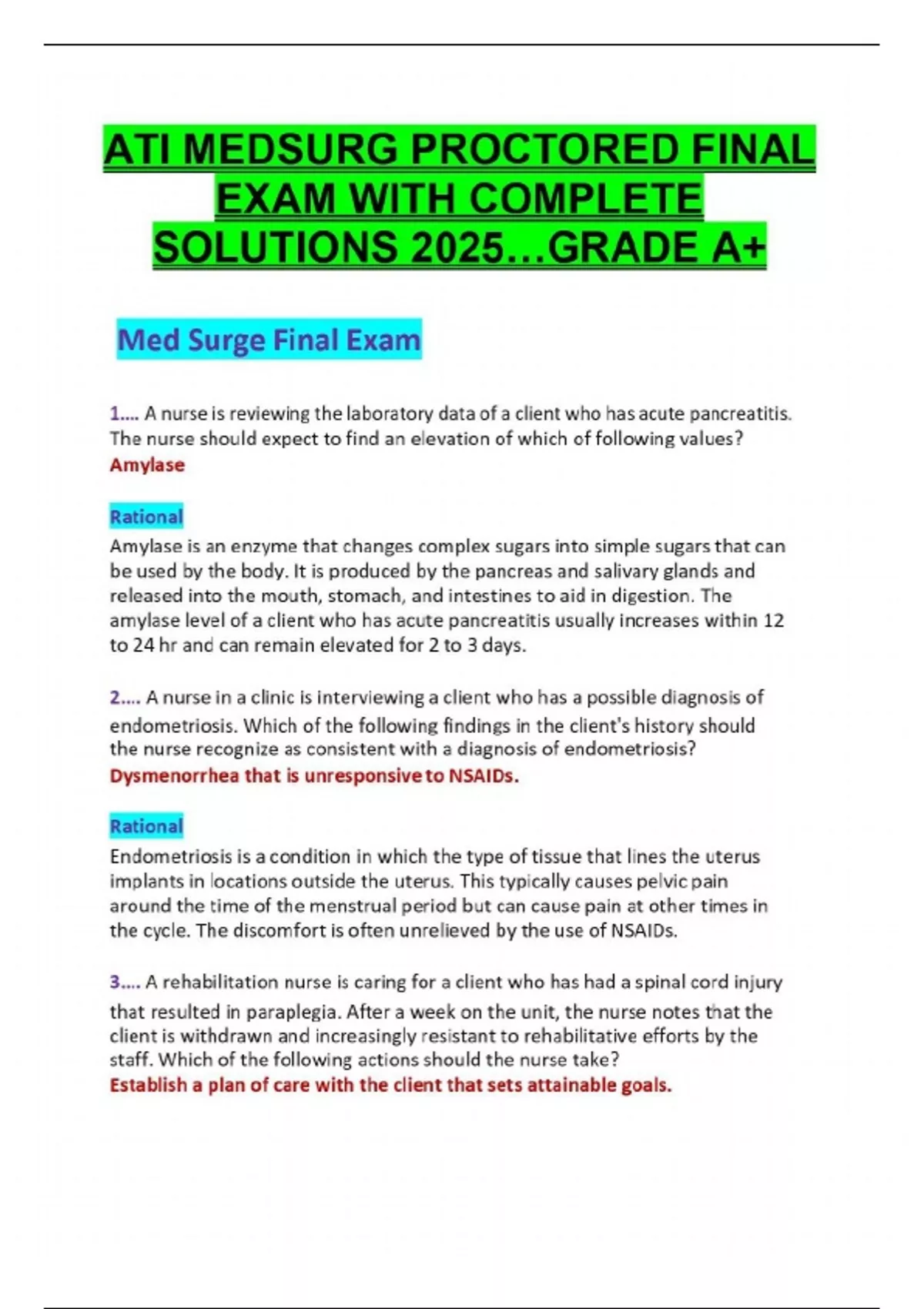 ATI MEDSURG PROCTORED FINAL EXAM WITH COMPLETE SOLUTIONS 2025…GRADE A+ ...