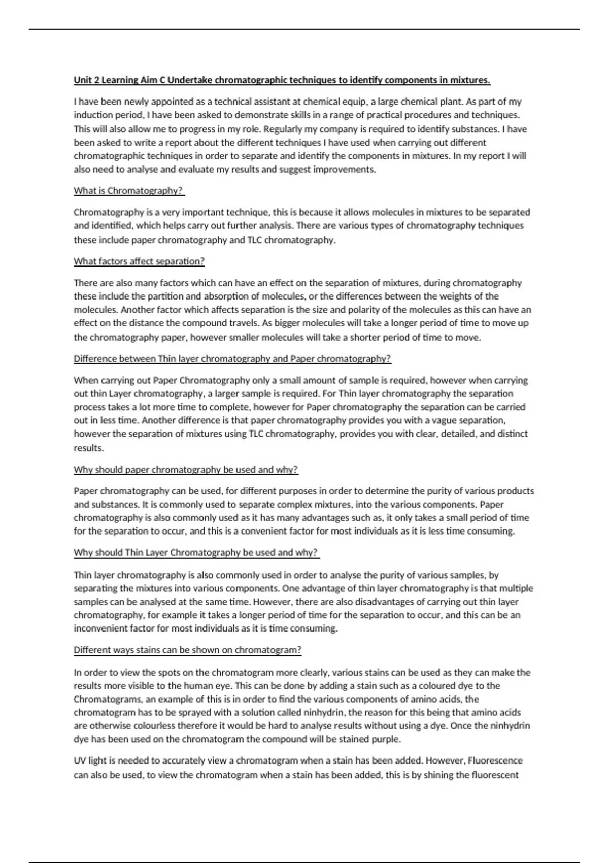 BTEC Applied Science Unit 2C Undertake chromatographic techniques to ...