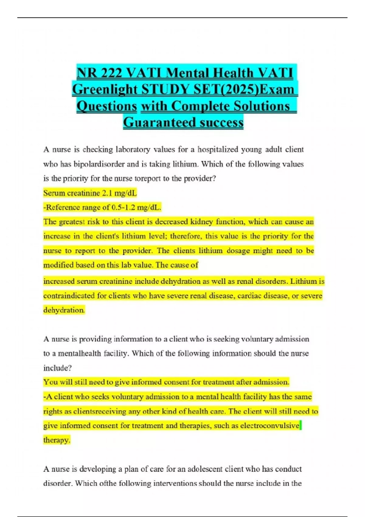NR 222 VATI Mental Health VATI Greenlight STUDY SET(2025)Exam Questions with Complete Solutions ...