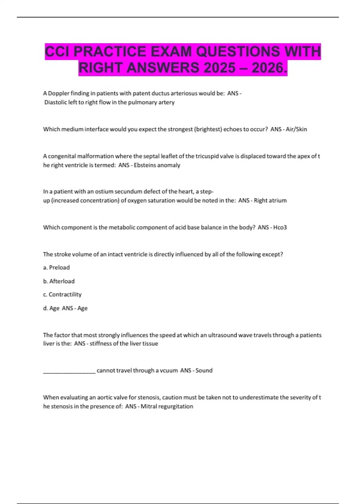 CCI PRACTICE EXAM QUESTIONS WITH RIGHT ANSWERS 2025 – 2026. - CCT CC ...