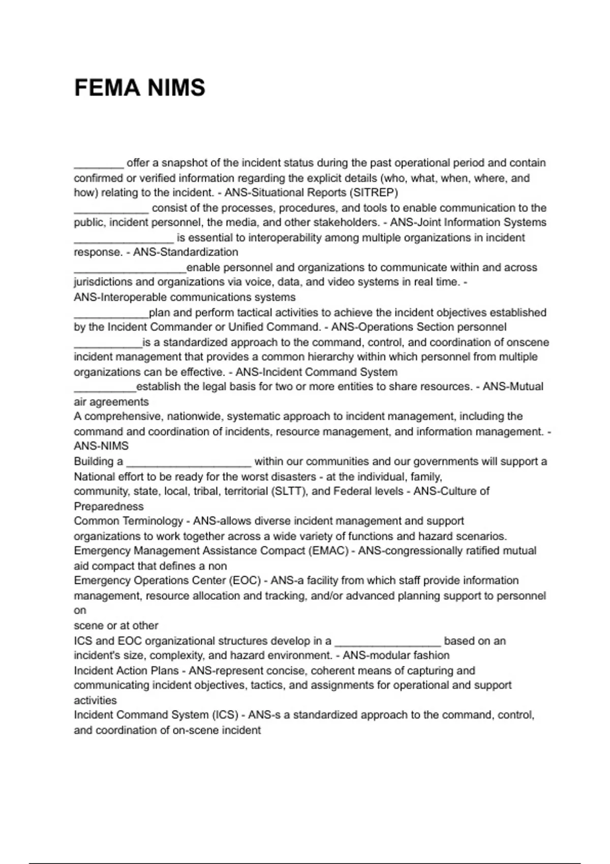 FEMA NIMS NEWEST 2025/2026 ACTUAL EXAM COMPLETE QUESTIONS AND CORRECT ...