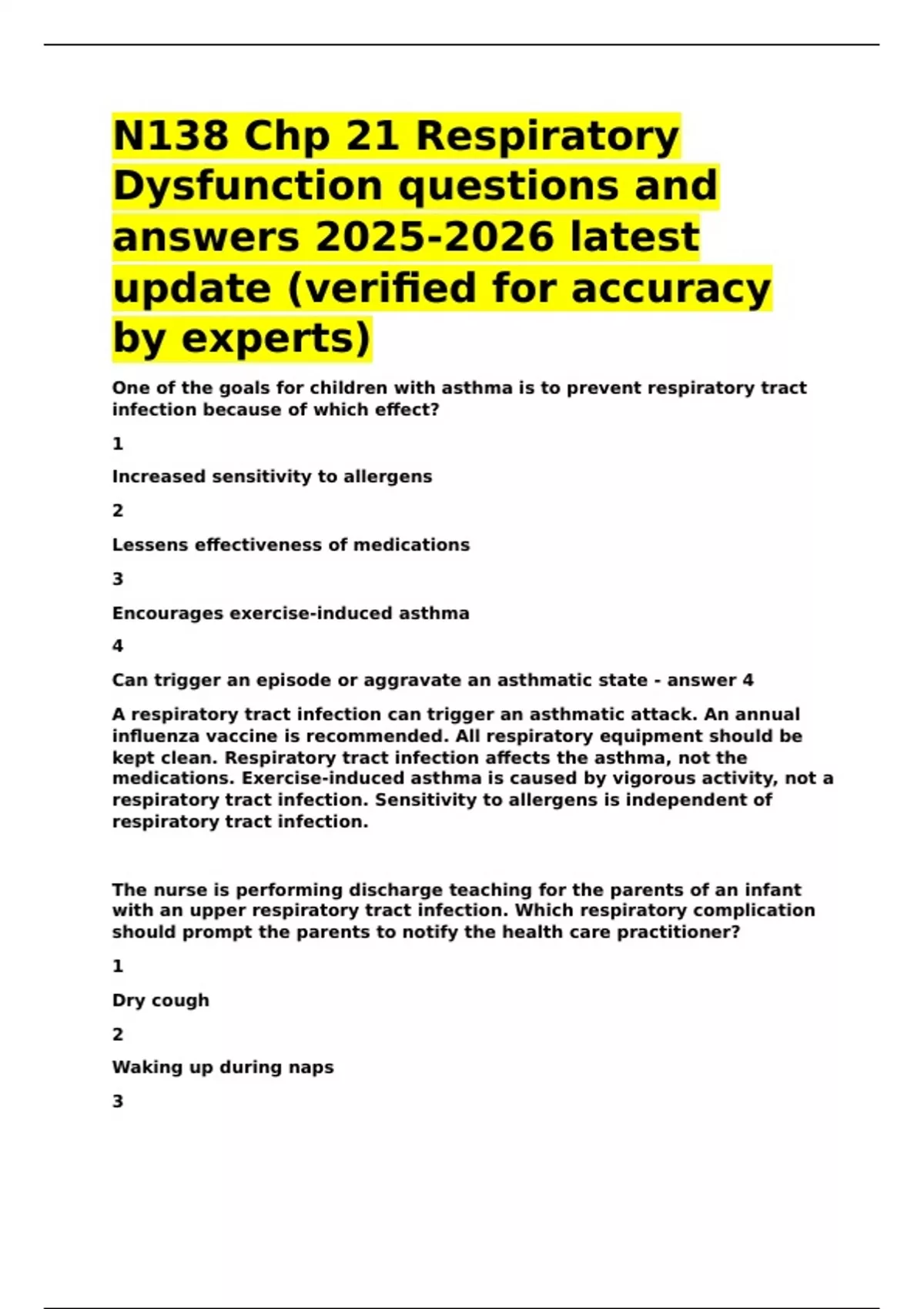 N138 Chp 21 Respiratory Dysfunction questions and answers latest update ...