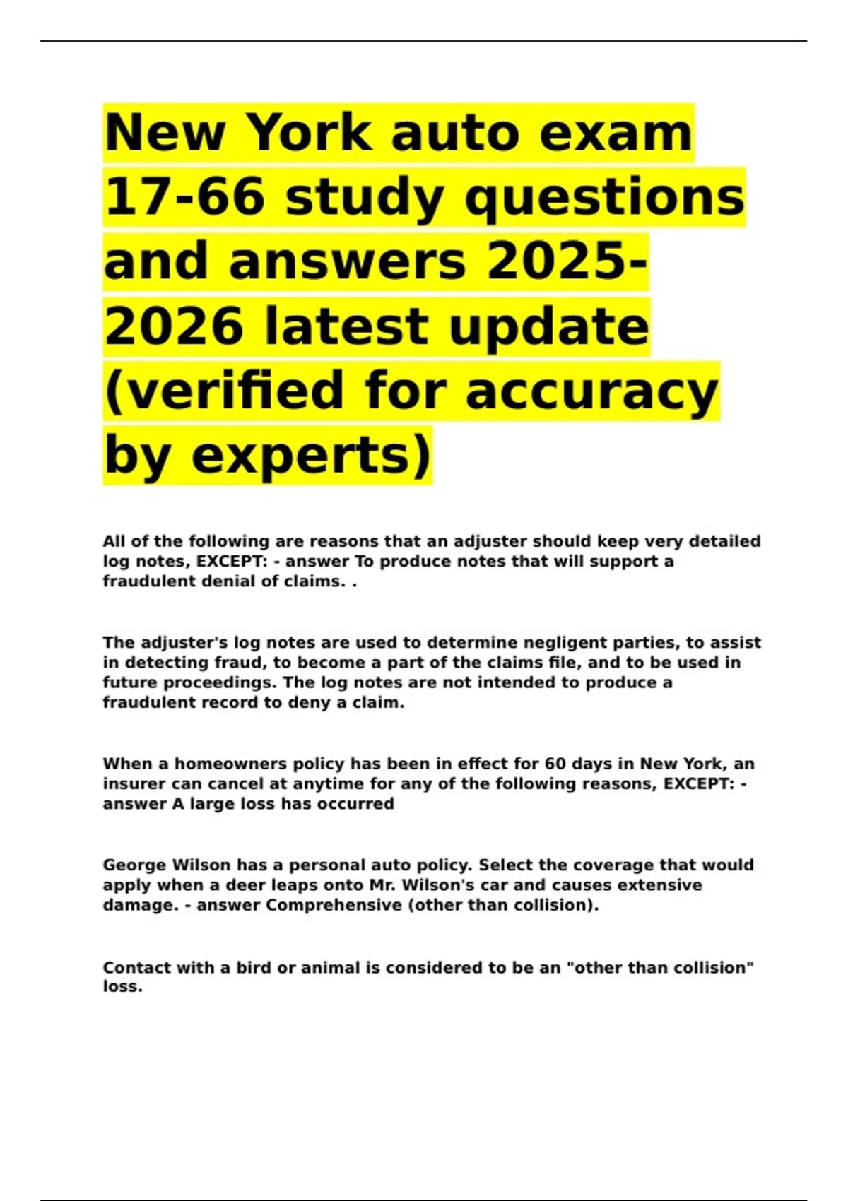 New York auto exam 17-66 study questions and answers latest update - NY ...