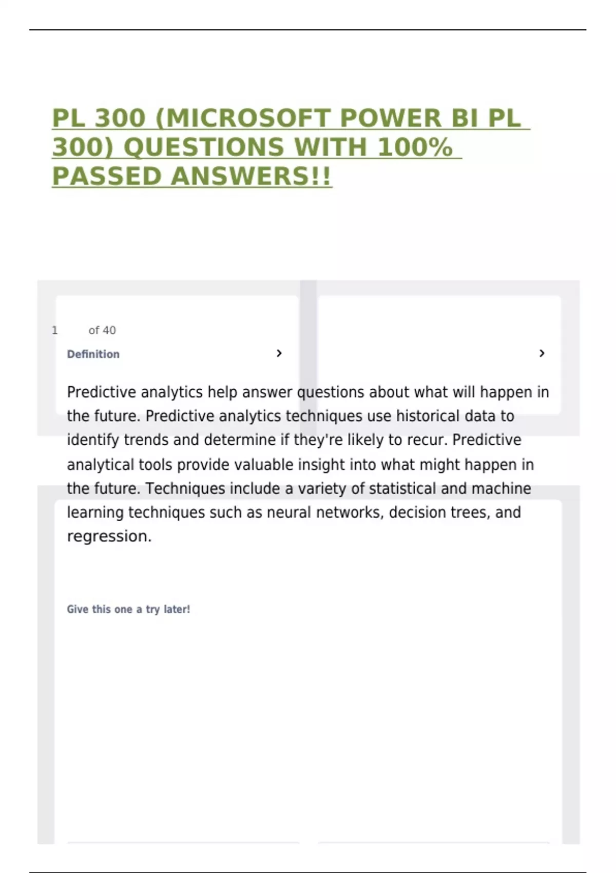 PL 300 (MICROSOFT POWER BI PL 300) QUESTIONS WITH 100% PASSED ANSWERS!! - PL 300 - Stuvia US