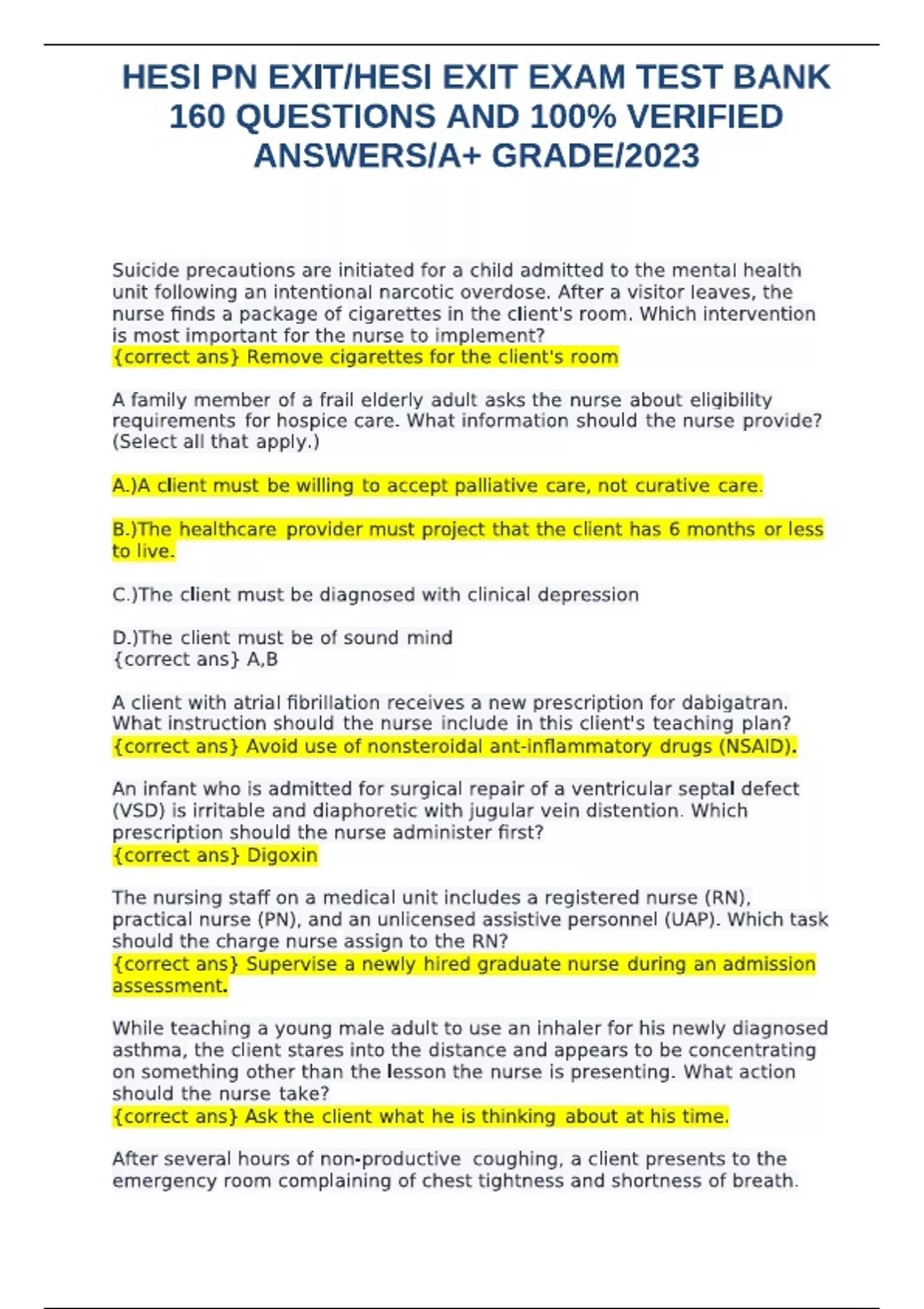 HESI PN EXIT HESI EXIT EXAM TEST BANK 160 QUESTIONS LATEST 2025 ...