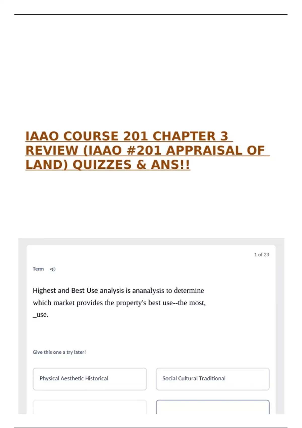 IAAO COURSE 201 CHAPTER 3 REVIEW (IAAO #201 APPRAISAL OF LAND) QUIZZES ...