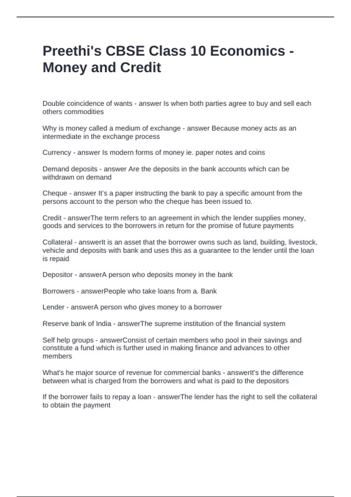 Preethi-s CBSE Class 10 Economics - Money and Credit Questions with ...