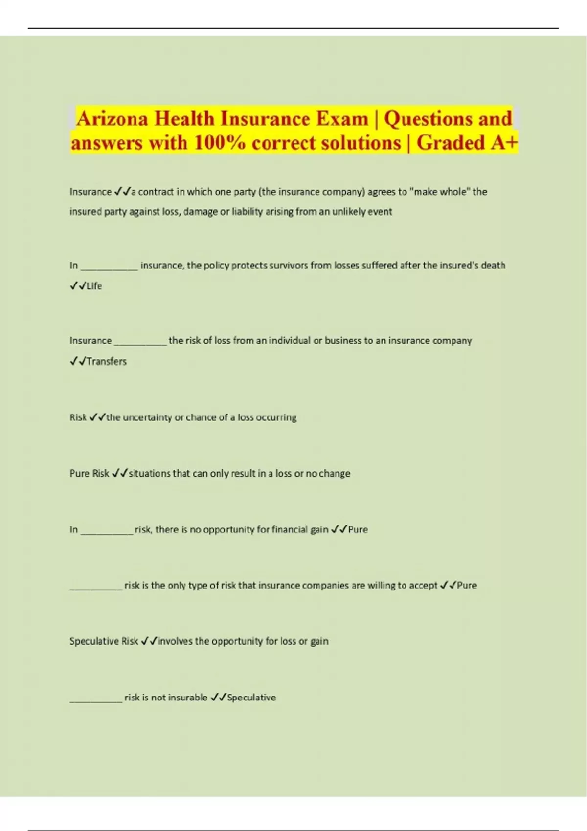 Arizona Health Insurance Exam | Questions and answers with 100% correct ...