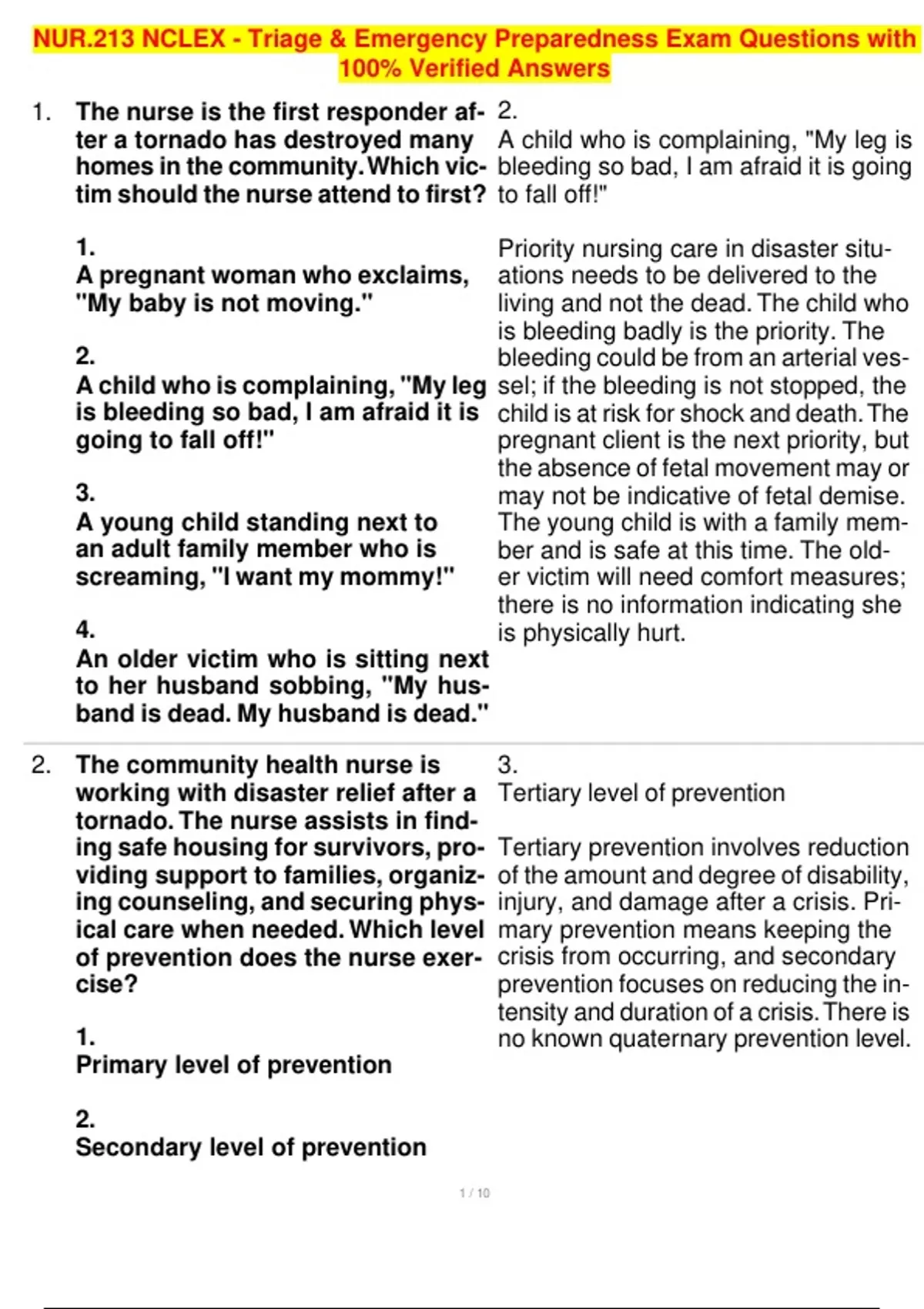 NUR.213 NCLEX - Triage & Emergency Preparedness Exam Questions with 100 ...
