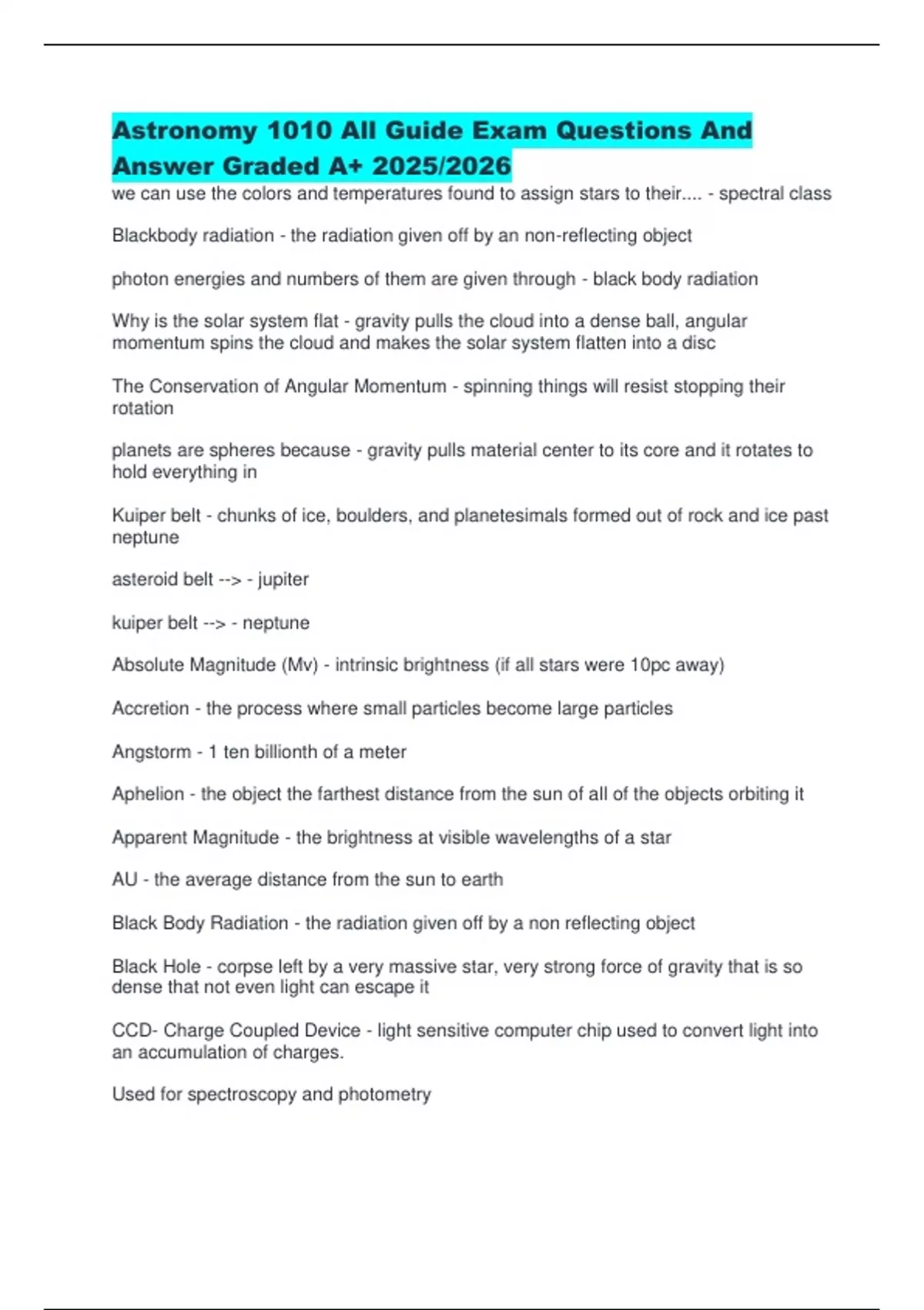 Astronomy 1010 All Guide Exam Questions And Answer Graded A+ 2025/2026 ...