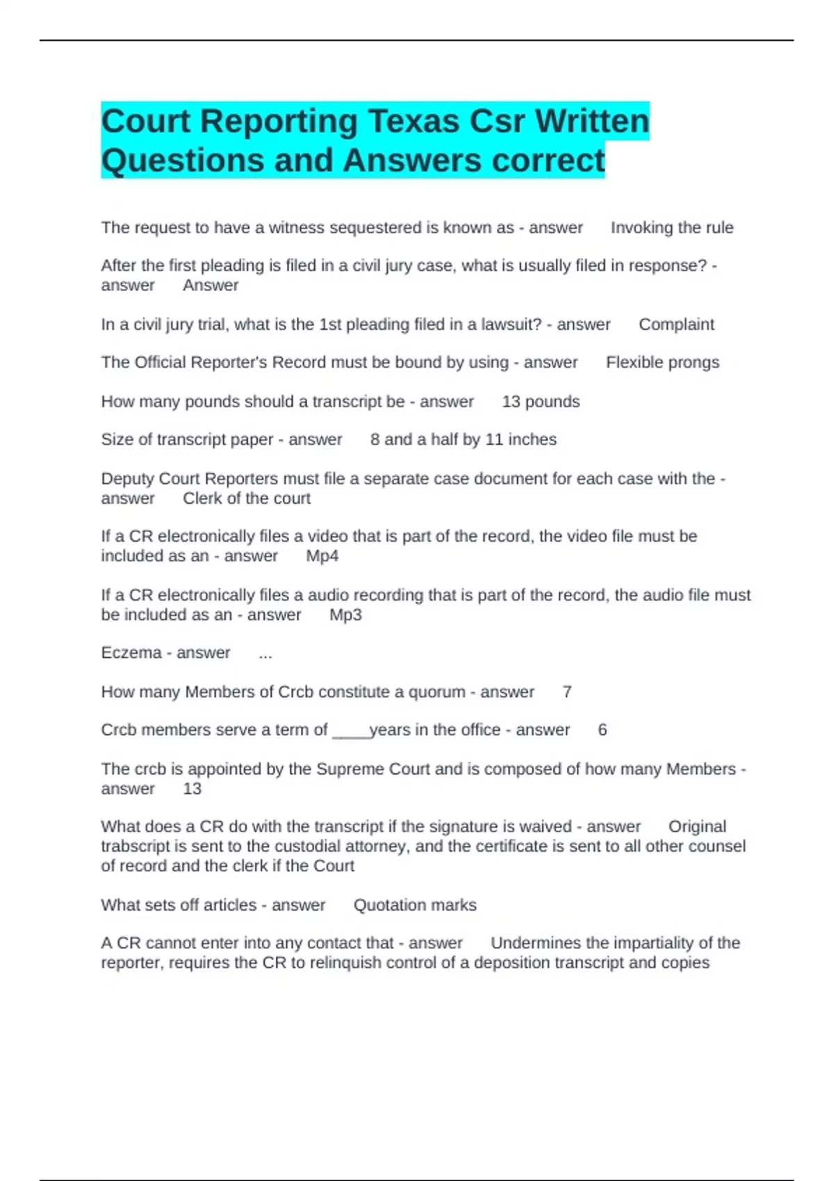 Court Reporting Texas Csr Written Questions and Answers correct - TEXAS ...