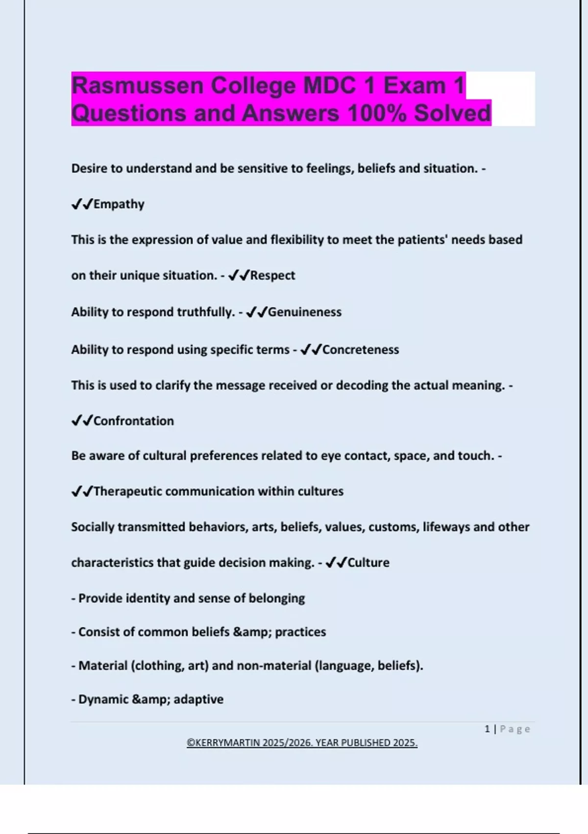 Rasmussen College MDC 1 Exam 1 Questions and Answers 100% Solved - MDC1 ...