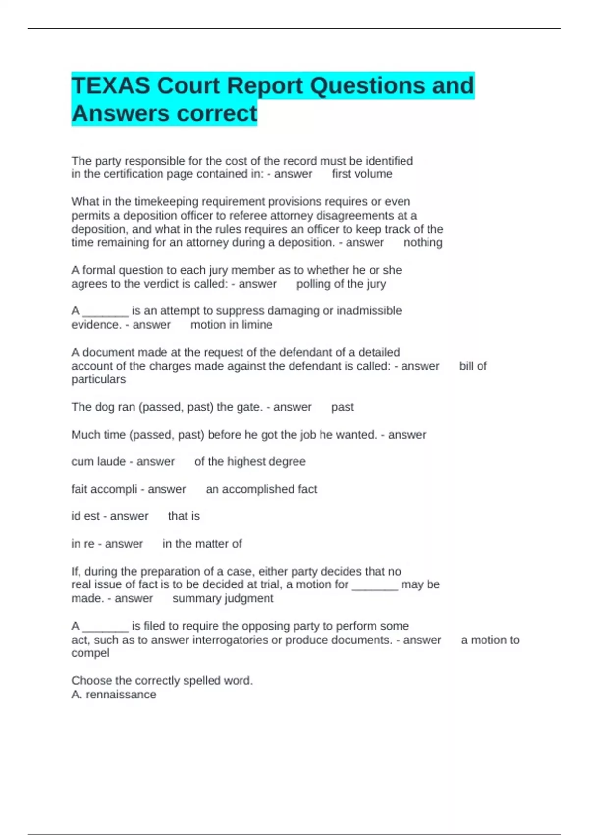 TEXAS Court Report Questions and Answers correct - TEXAS COURT REPORTER ...