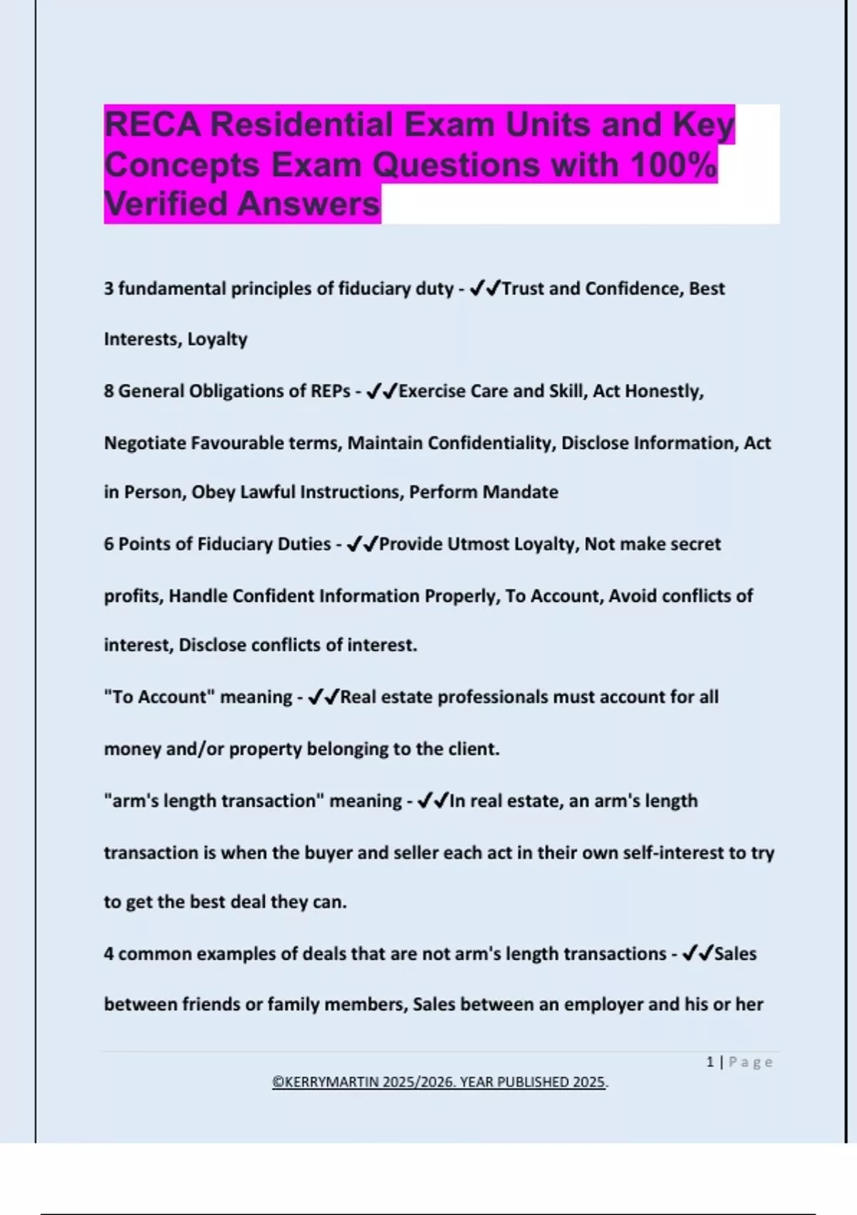 RECA Residential Exam Units and Key Concepts Exam Questions with 100% ...