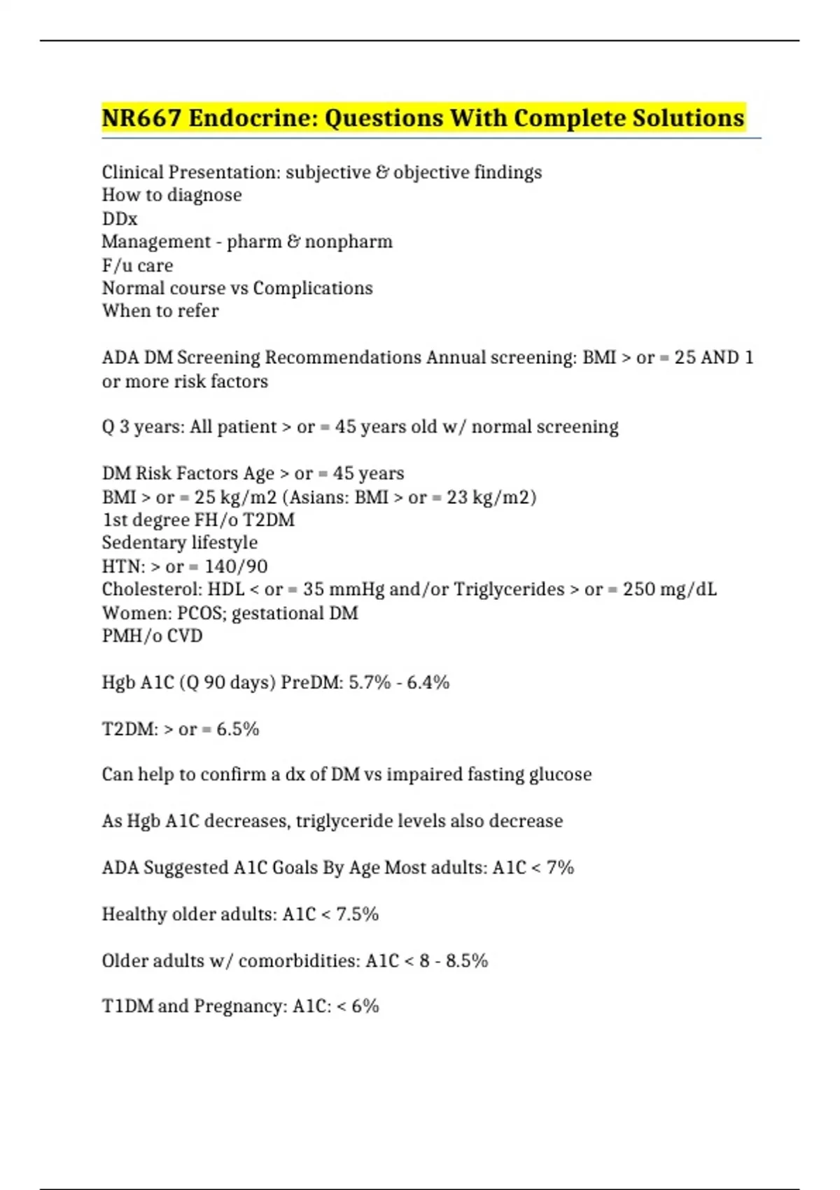 NR667 Endocrine: Questions With Complete Solutions - NR667 CEA - Stuvia US