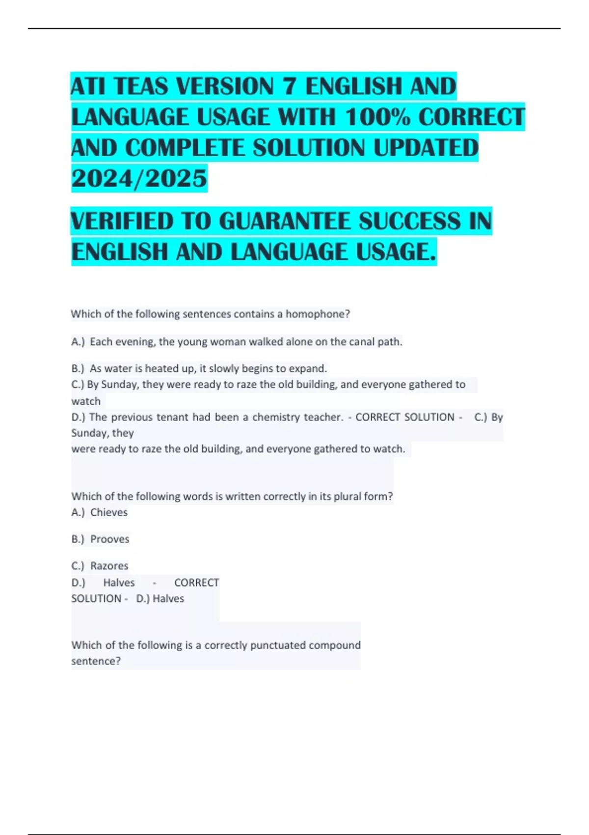 ATI TEAS VERSION 7 ENGLISH AND LANGUAGE USAGE WITH 100% CORRECT AND ...