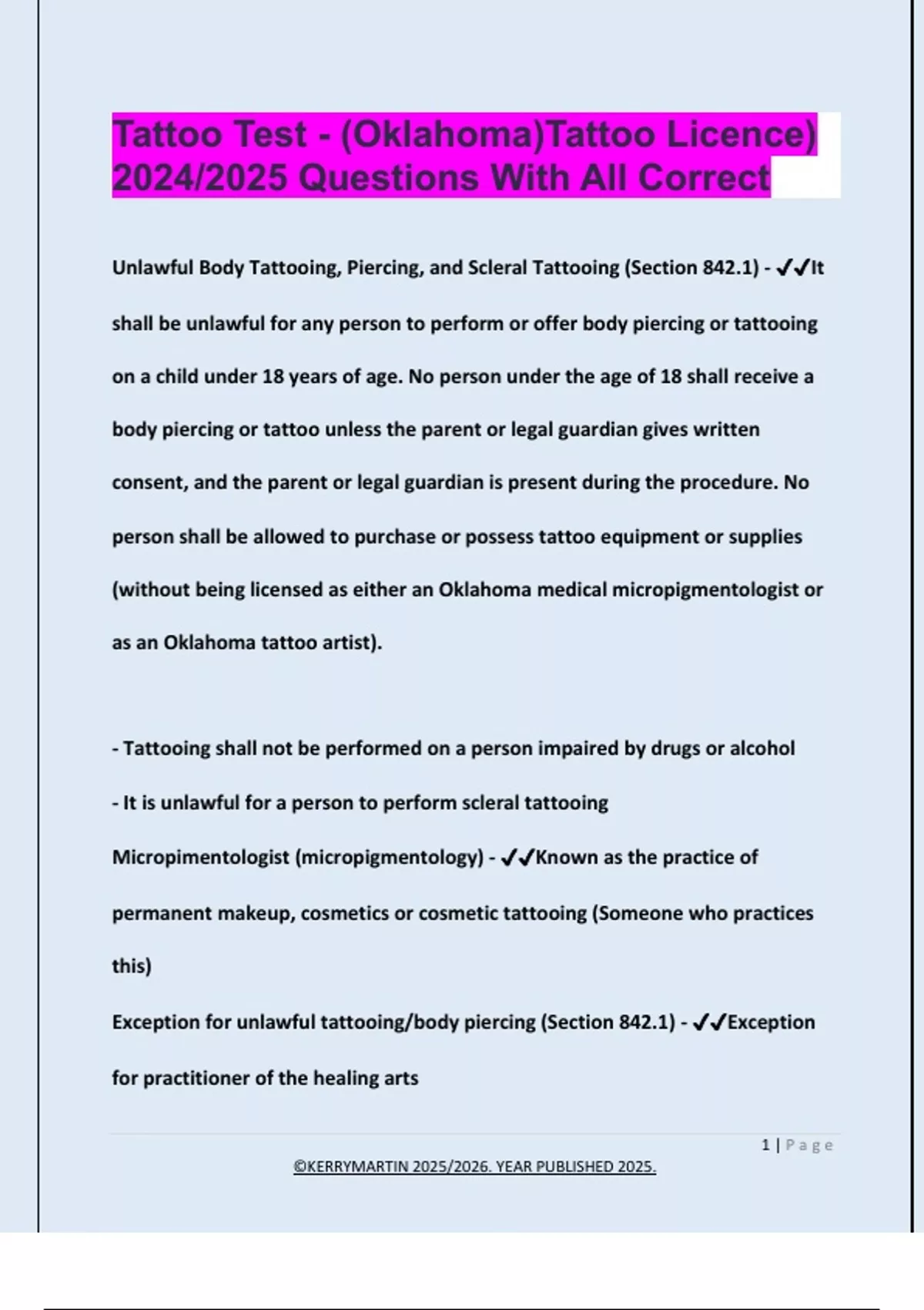 Tattoo Test - (Oklahoma)Tattoo Licence) 2024/2025 Questions With All ...