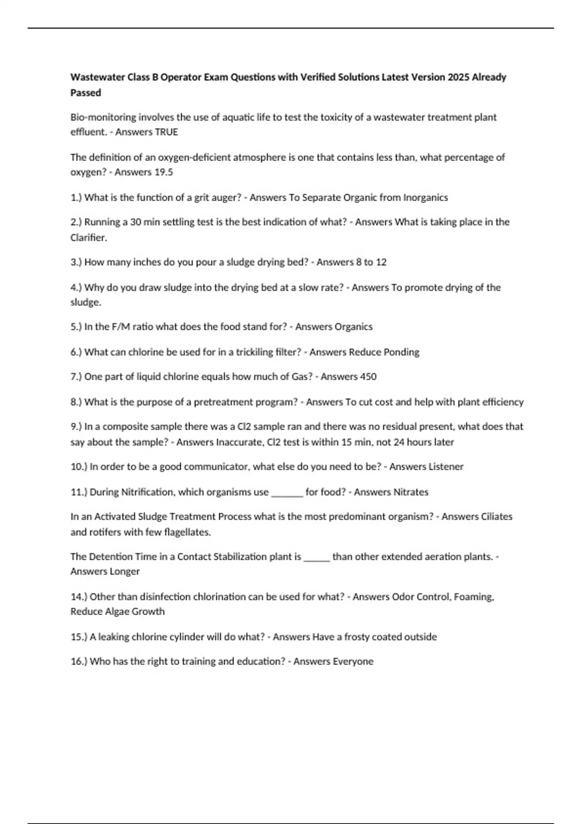 Wastewater Class B Operator Exam Questions with Verified Solutions ...