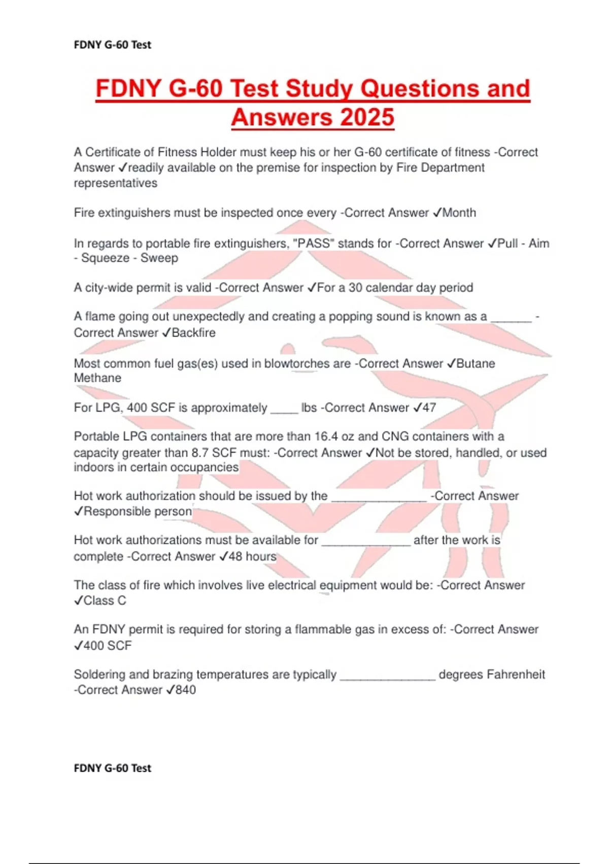FDNY G-60 Test Study Questions and Answers 2025 - FDNY G-60 - Stuvia US