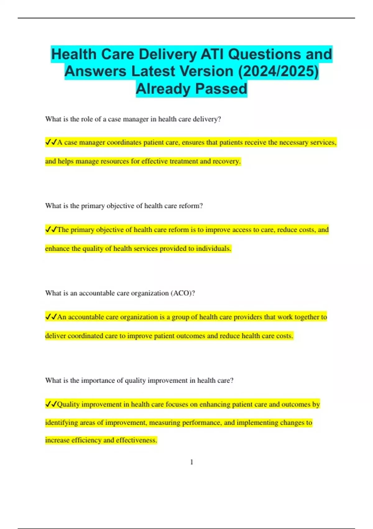 Health Care Delivery ATI Questions and Answers Latest Version (2024/ ...