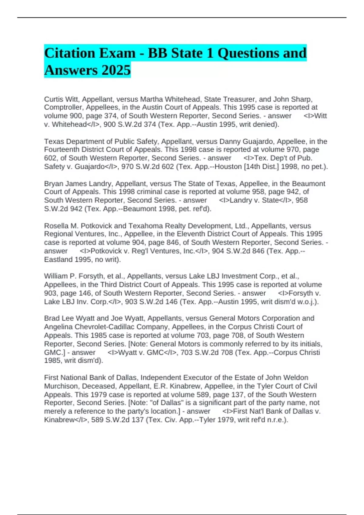 Citation Exam - BB State 1 Questions and Answers 2025 - TEXAS COURT ...