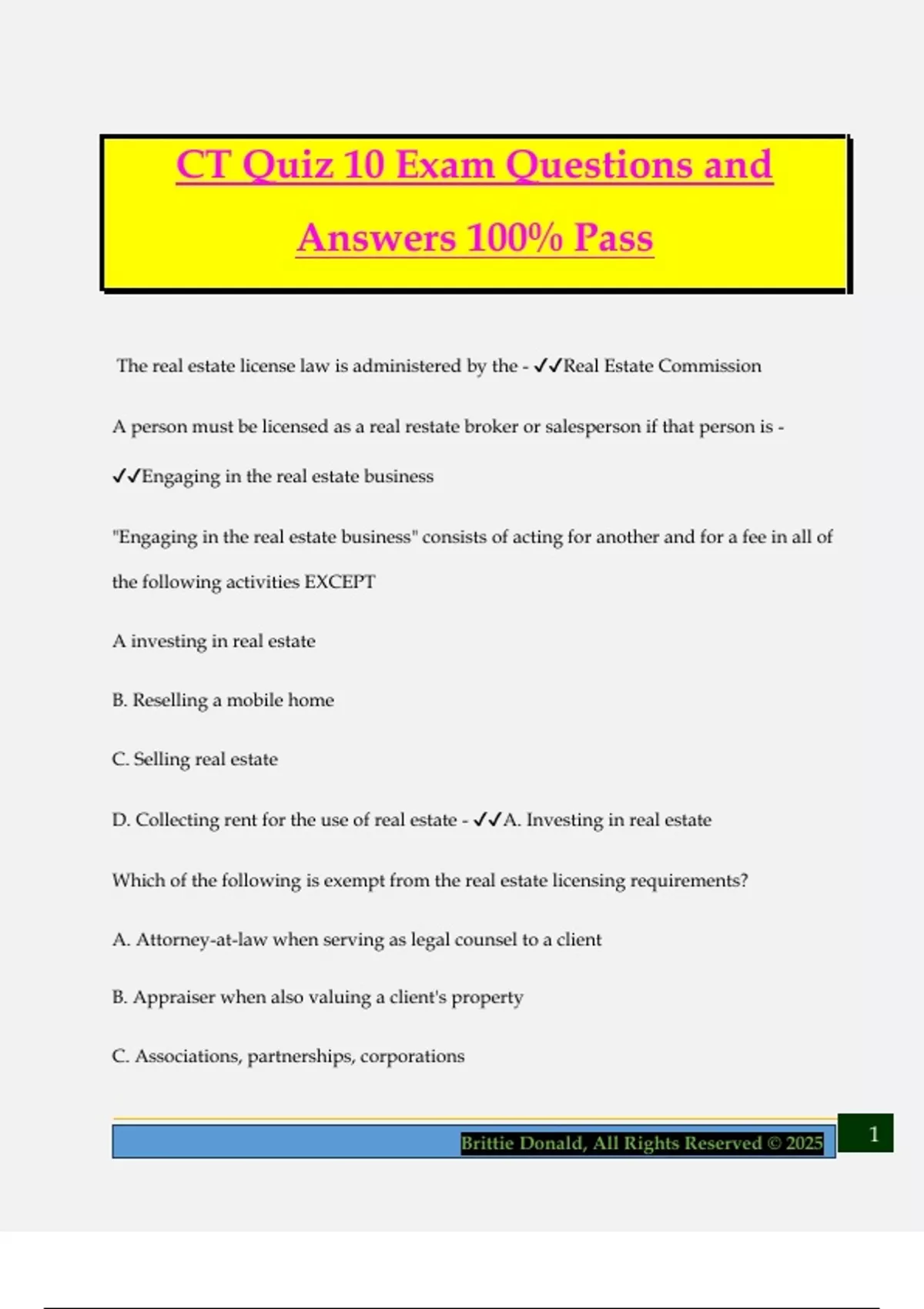 CT Quiz 10 Exam Questions and Answers 100% Pass - CT Real Estate - Stuvia US
