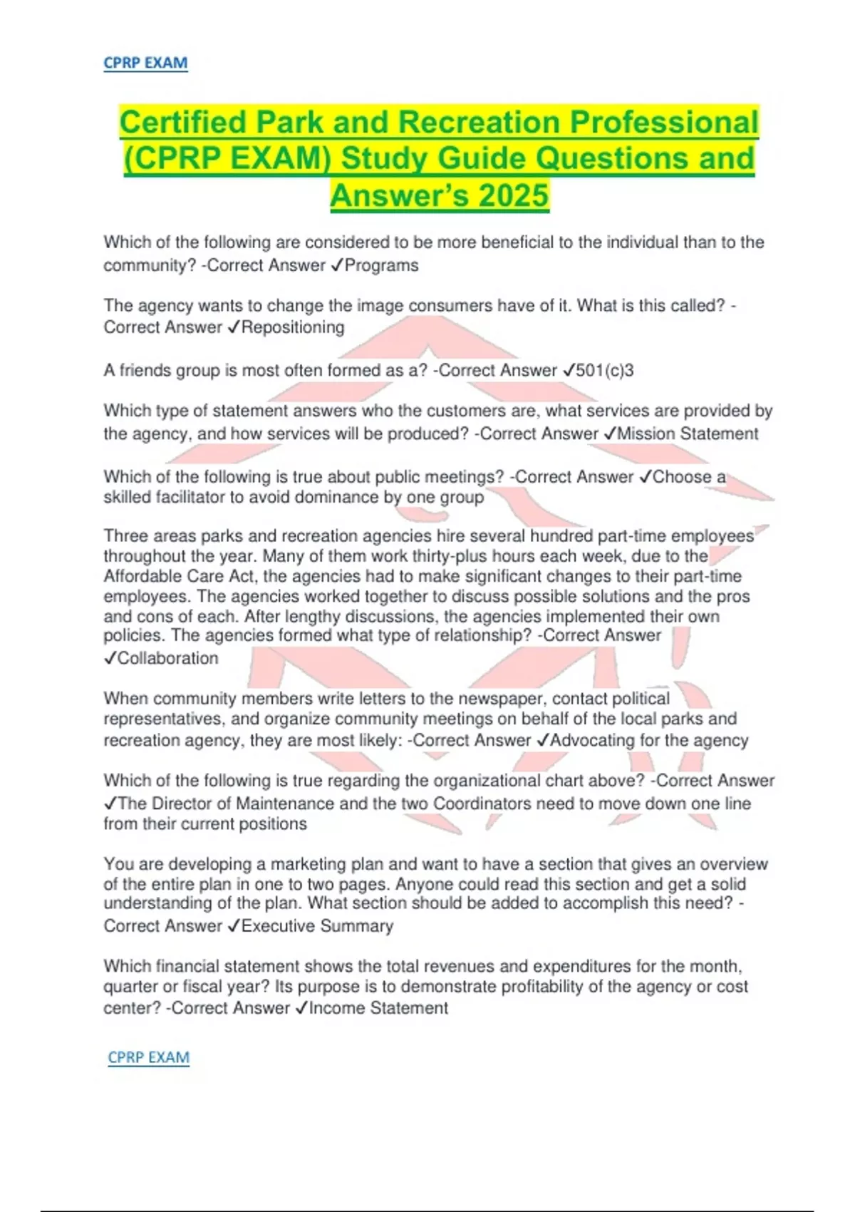 Certified Park and Recreation Professional (CPRP EXAM) Study Guide Questions and Answer’s 2025 ...