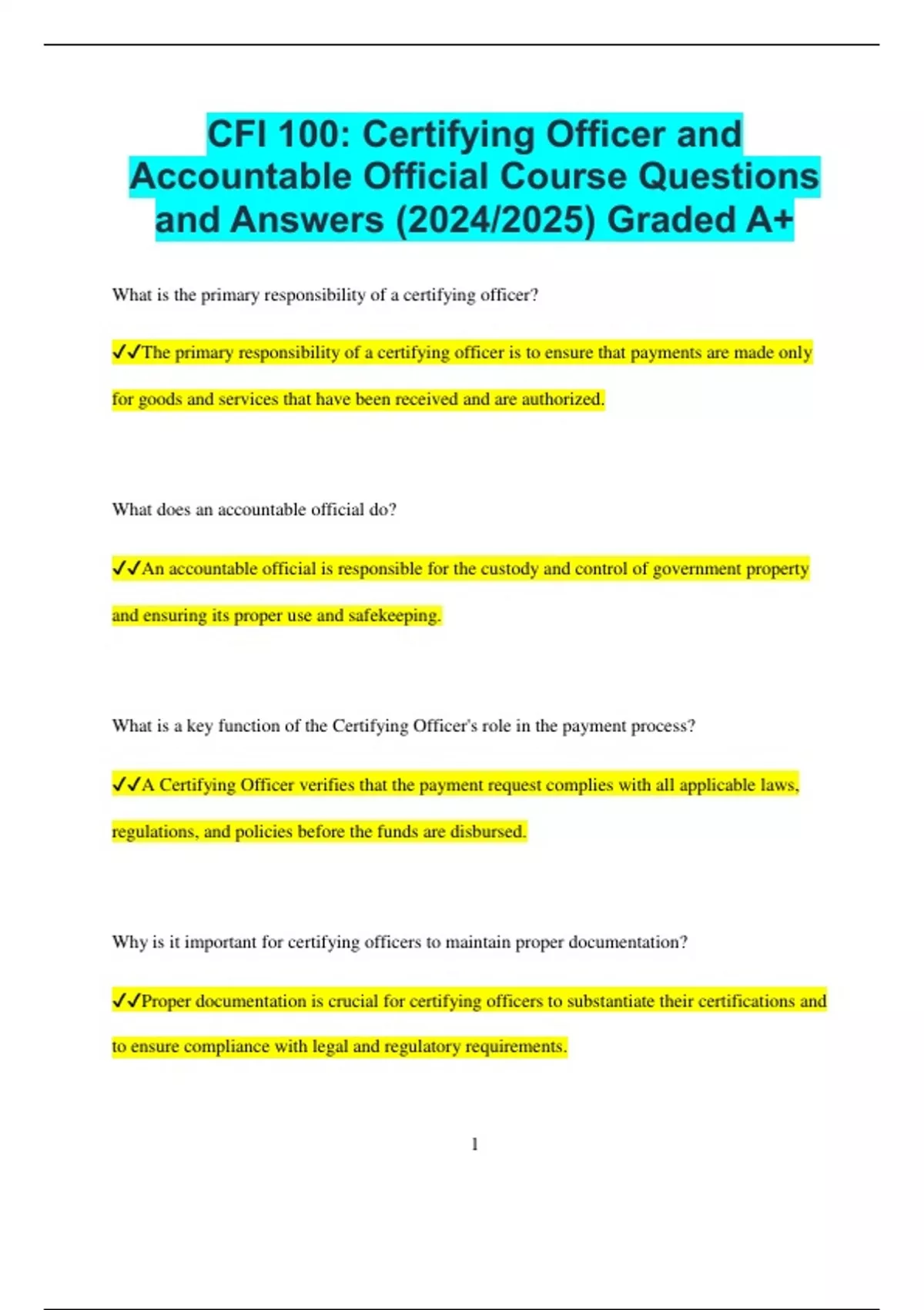 CFI 100: Certifying Officer and Accountable Official Course Questions and Answers (2024/2025 ...