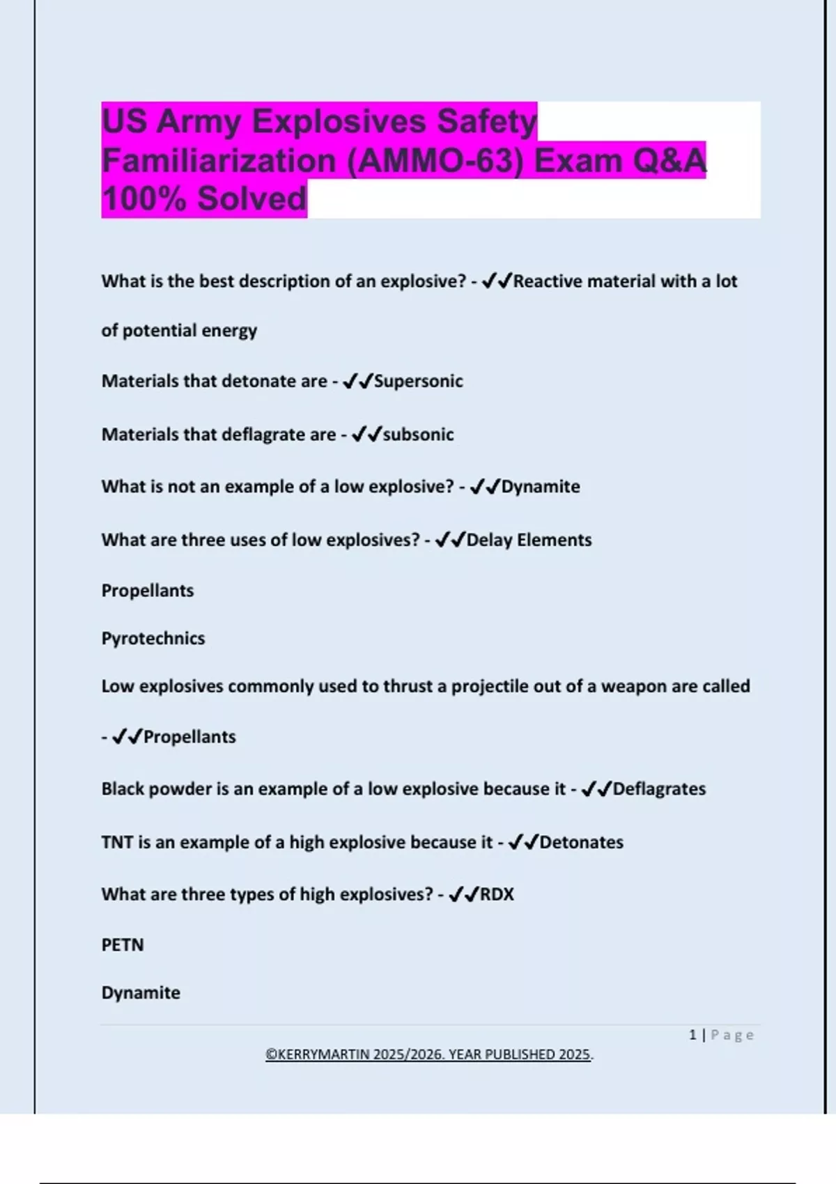 US Army Explosives Safety Familiarization (AMMO-63) Exam Q&A 100% ...