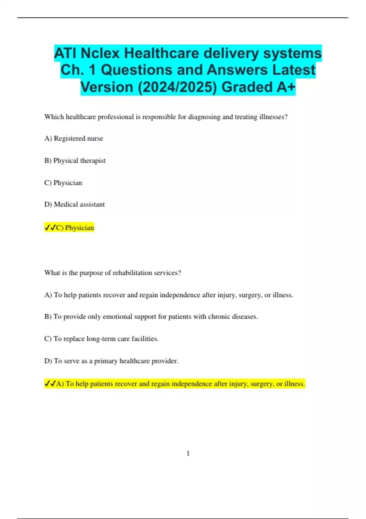 ATI Nclex Healthcare delivery systems Ch. 1 Questions and Answers ...