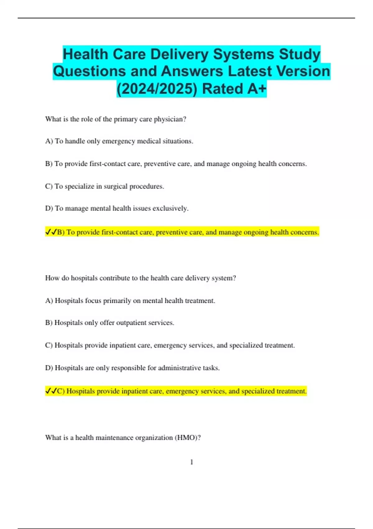 Health Care Delivery Systems Study Questions and Answers Latest Version ...
