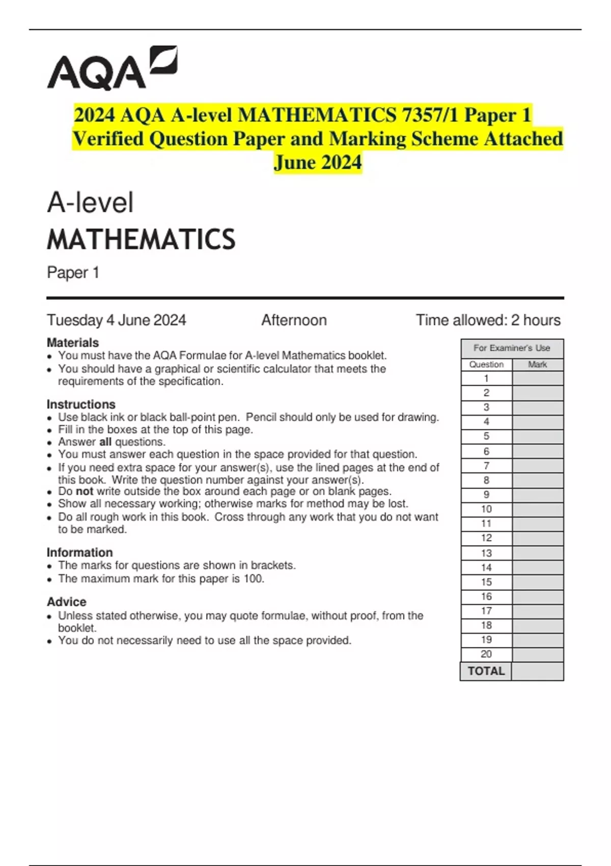 2024 AQA A-level MATHEMATICS 7357/1 Paper 1 Verified Question Paper and ...