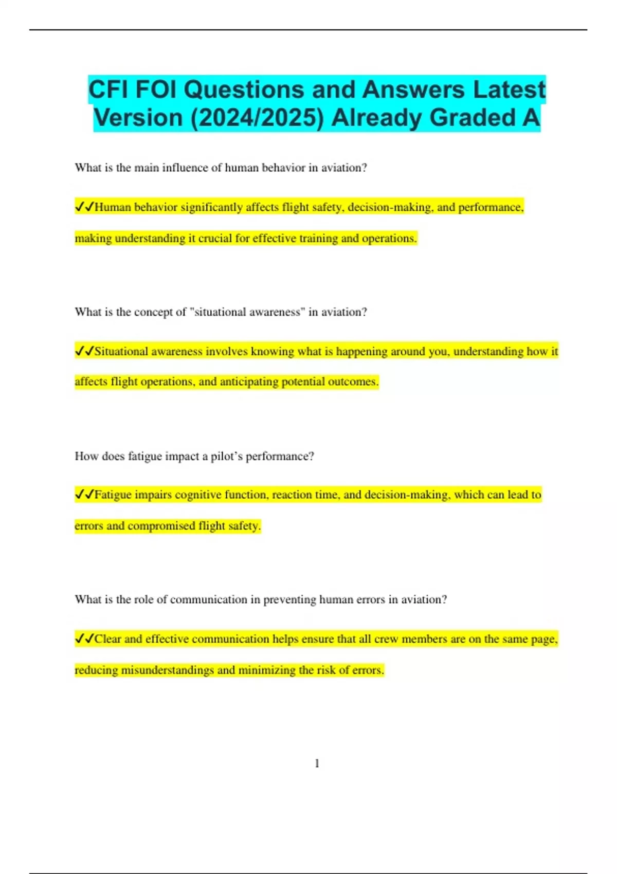 CFI FOI Questions and Answers Latest Version (2024/2025) Already Graded ...