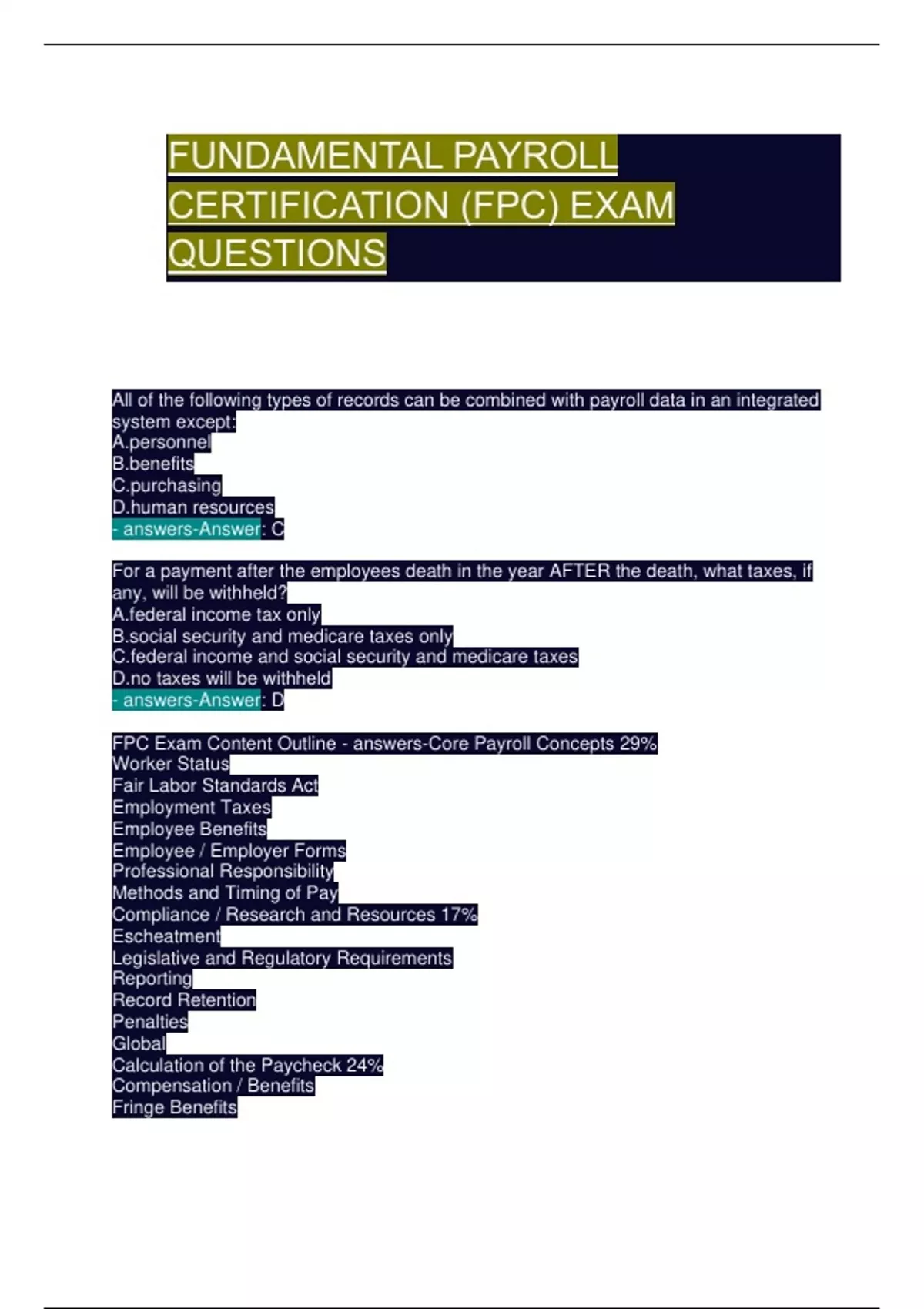 Fpc Fundamental Payroll Certification Exam 2025 Update With Verified Questions And Correct