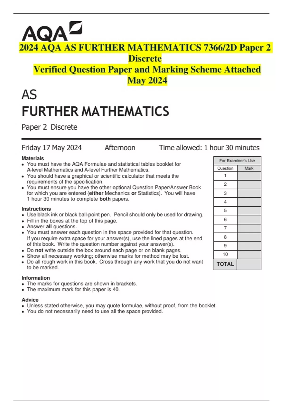 2024 AQA AS FURTHER MATHEMATICS 7366/2D Paper 2 Discrete Verified ...