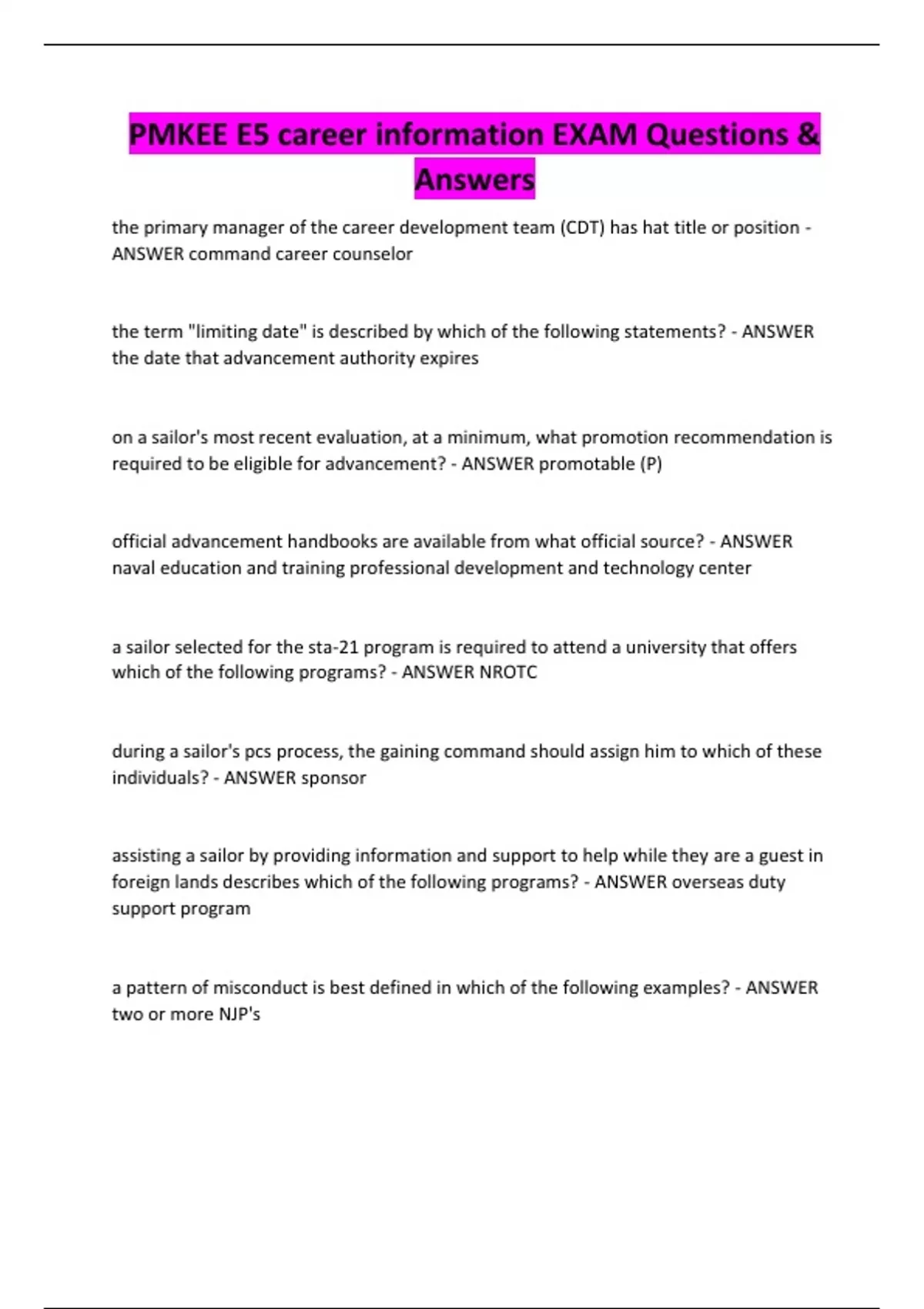 PMKEE E5 career information EXAM Questions & Answers - PMKEE E5 - Stuvia US