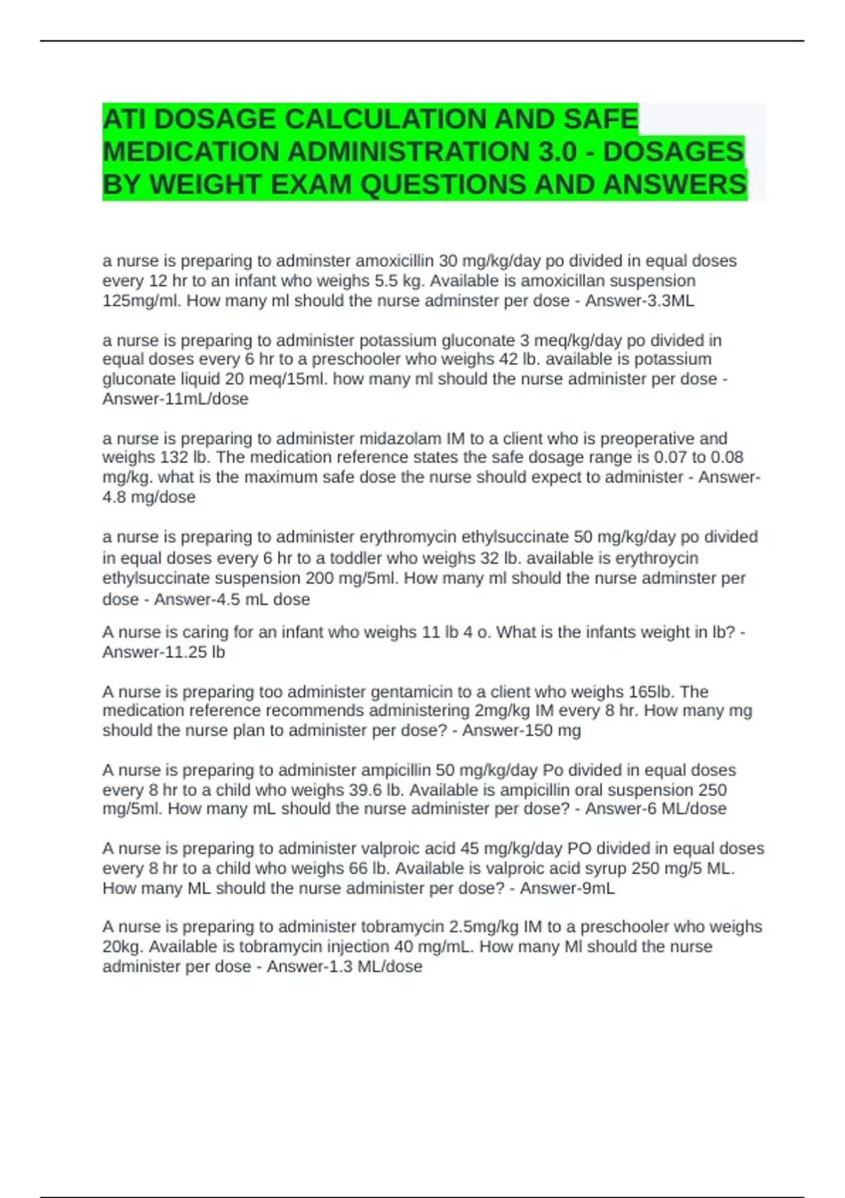 ATI DOSAGE CALCULATION AND SAFE MEDICATION ADMINISTRATION 3.0 - DOSAGES ...