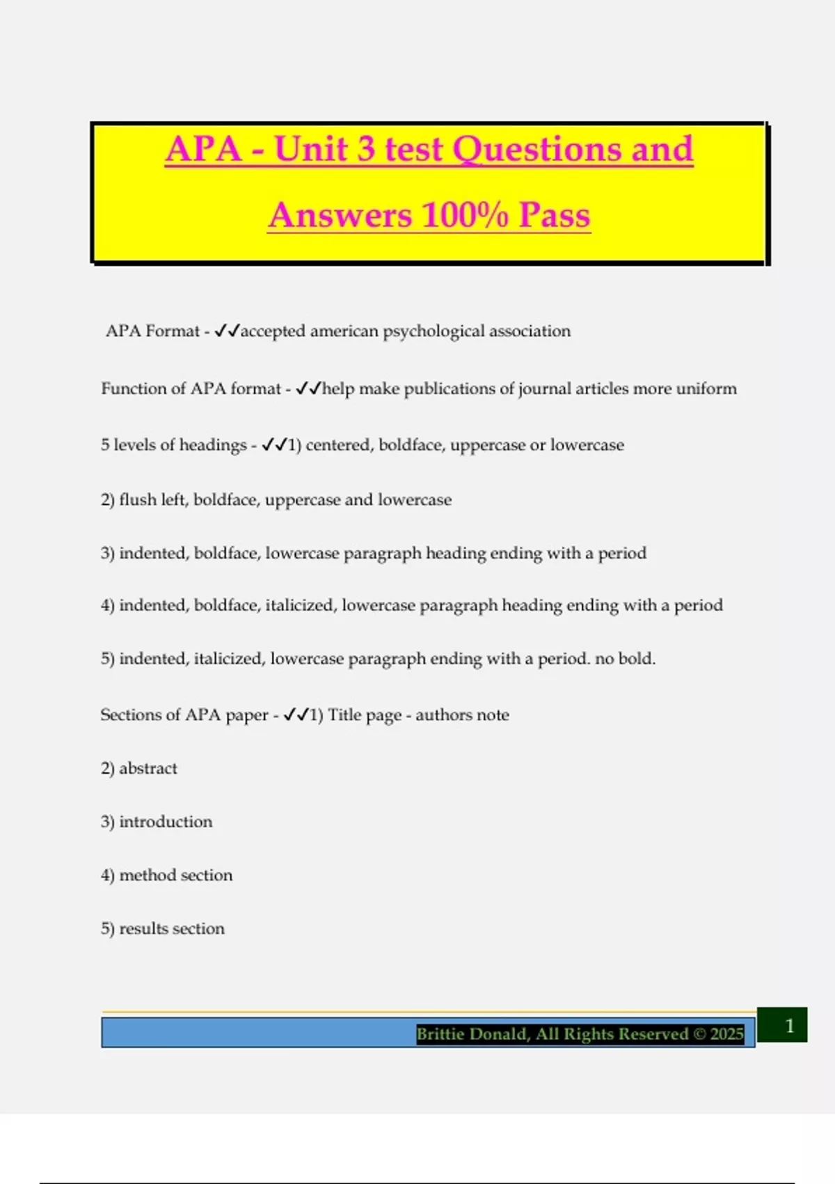 APA - Unit 3 test Questions and Answers 100% Pass - APA - Stuvia US