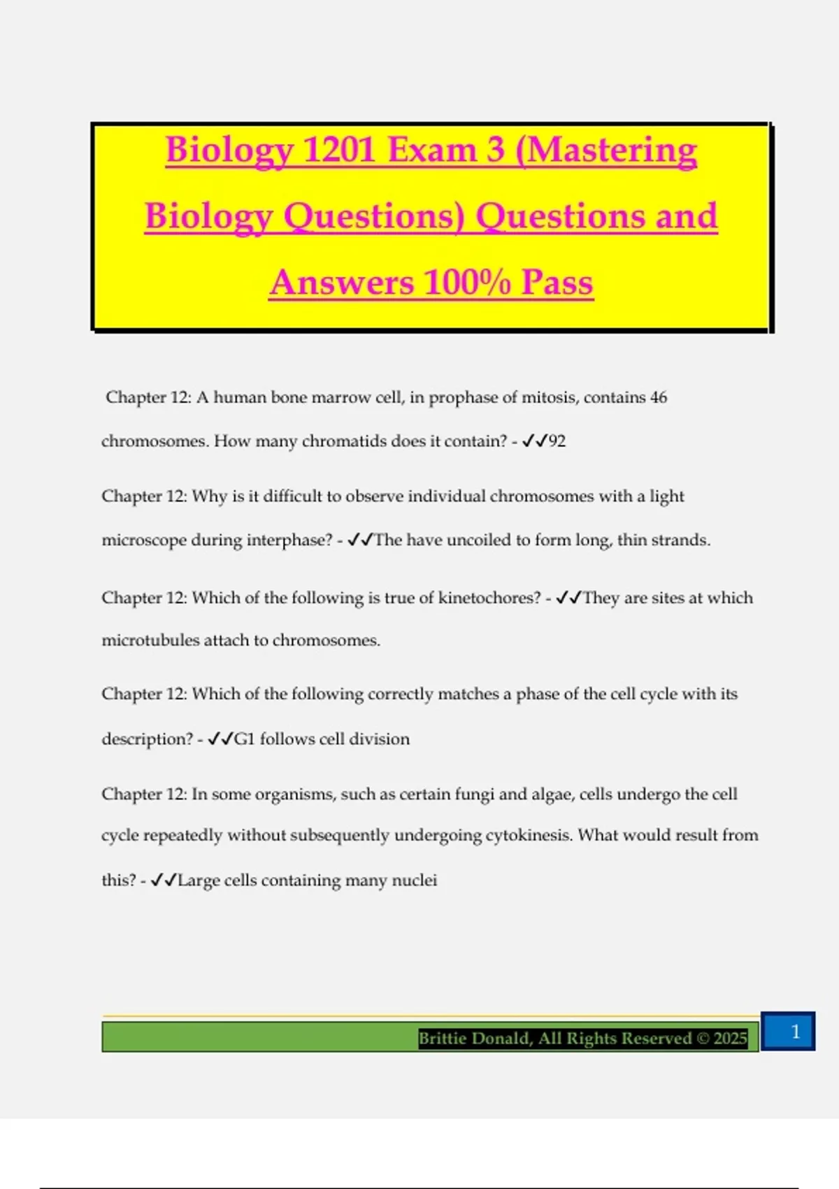 Biology 1201 Exam 3 (Mastering Biology Questions) Questions and Answers ...